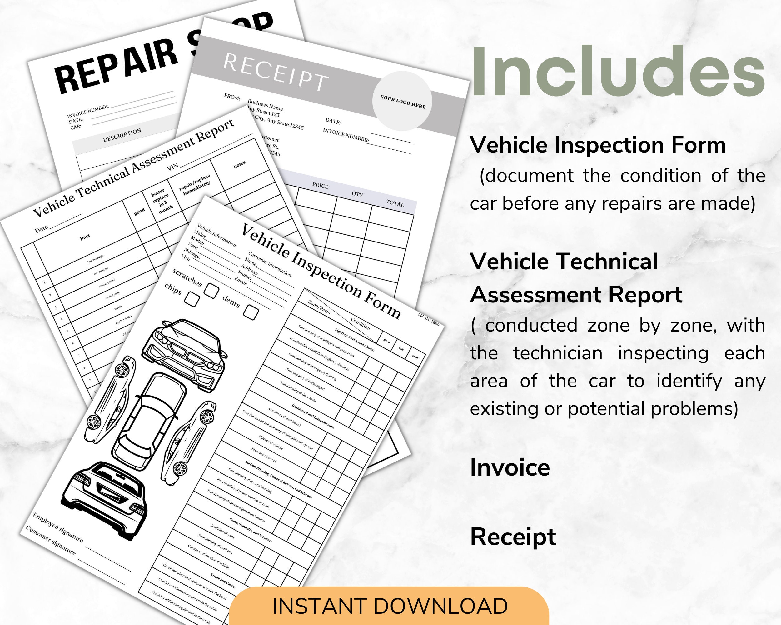 Car Repair Shop Documents Bundle Car Repair Forms Vehicle Inspection ...