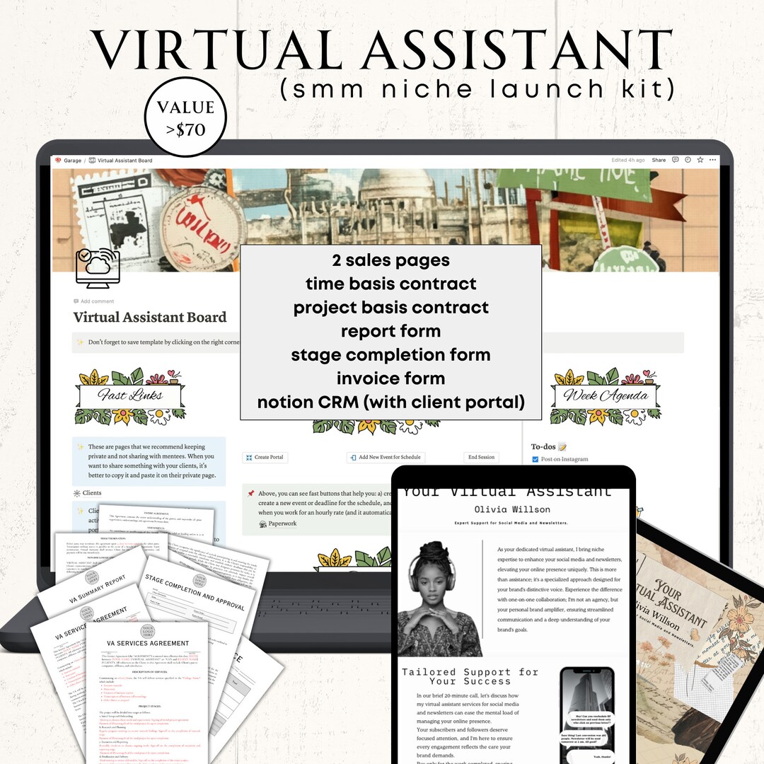 Virtual Assistant Launch Kit SMM Niche Virtual Assistant Notion Client Portal Customer Support ...