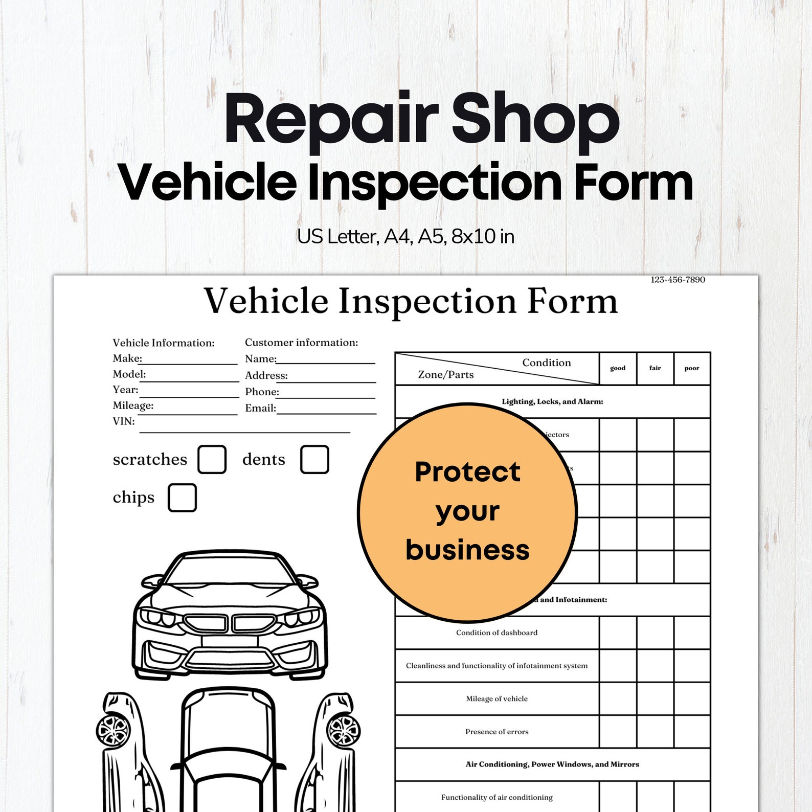 Vehicle Inspection Form Car Checking Mechanic Intake Form Repair Shop ...