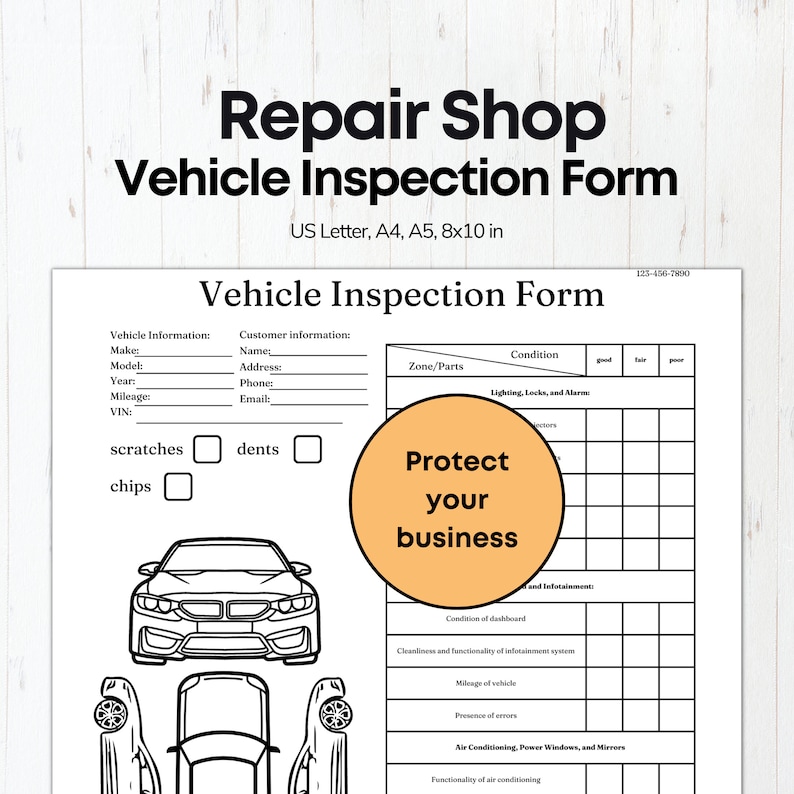 Vehicle Inspection Form Car Checking Mechanic Intake Form Repair Shop ...