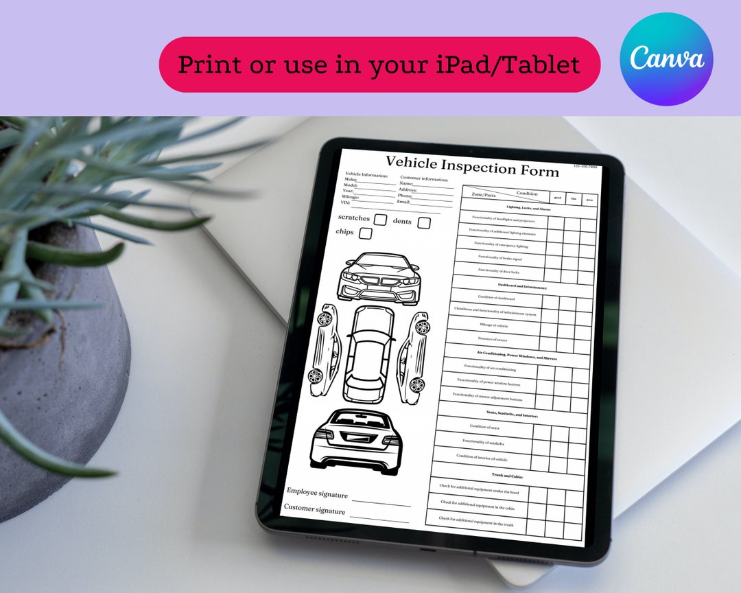 Vehicle Inspection Form Car Checking Mechanic Intake Form - Etsy