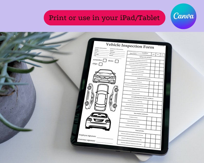 Vehicle Inspection Form Car Checking Mechanic Intake Form - Etsy