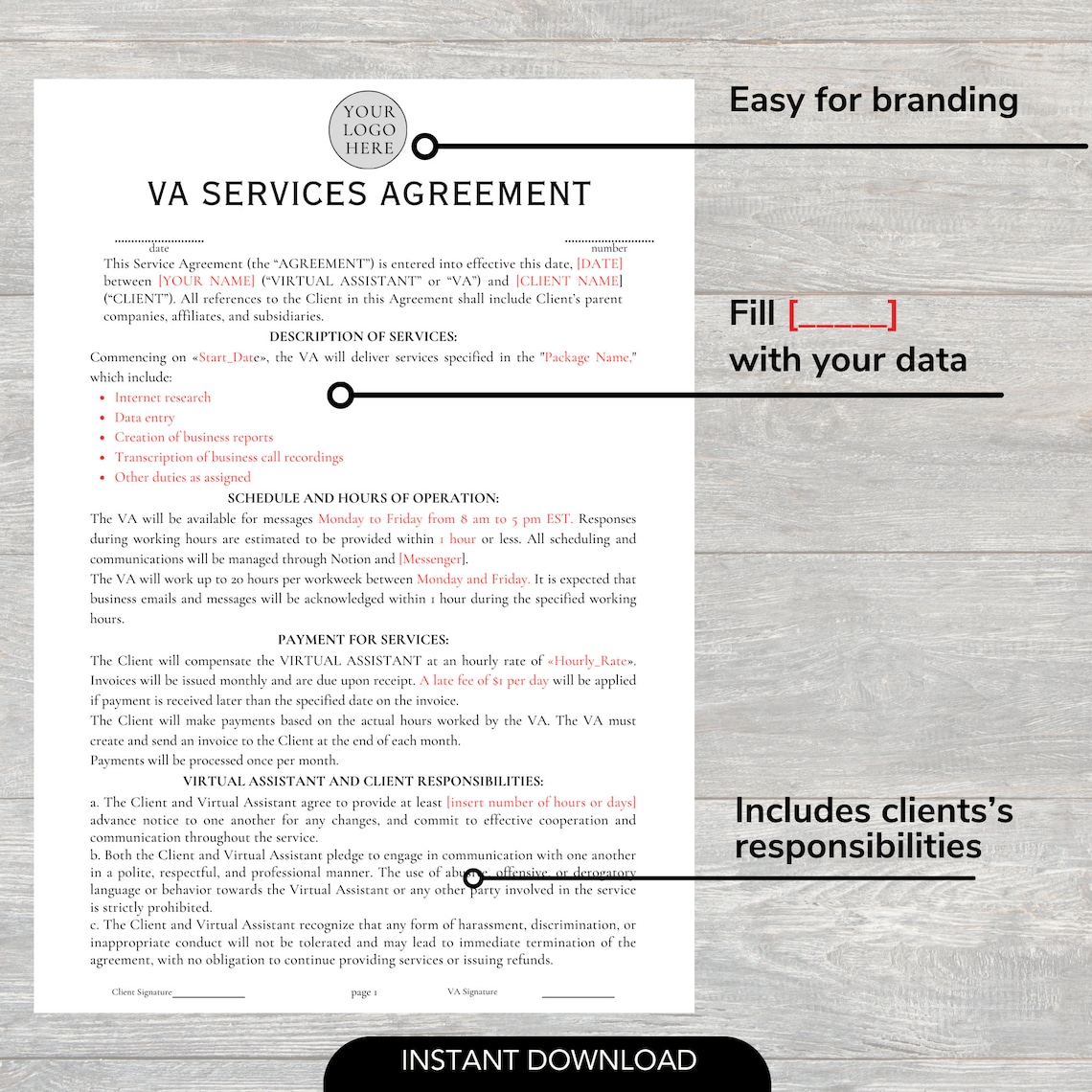 Virtual Assistant Contract Template VA Hourly Rate Contract Form ...
