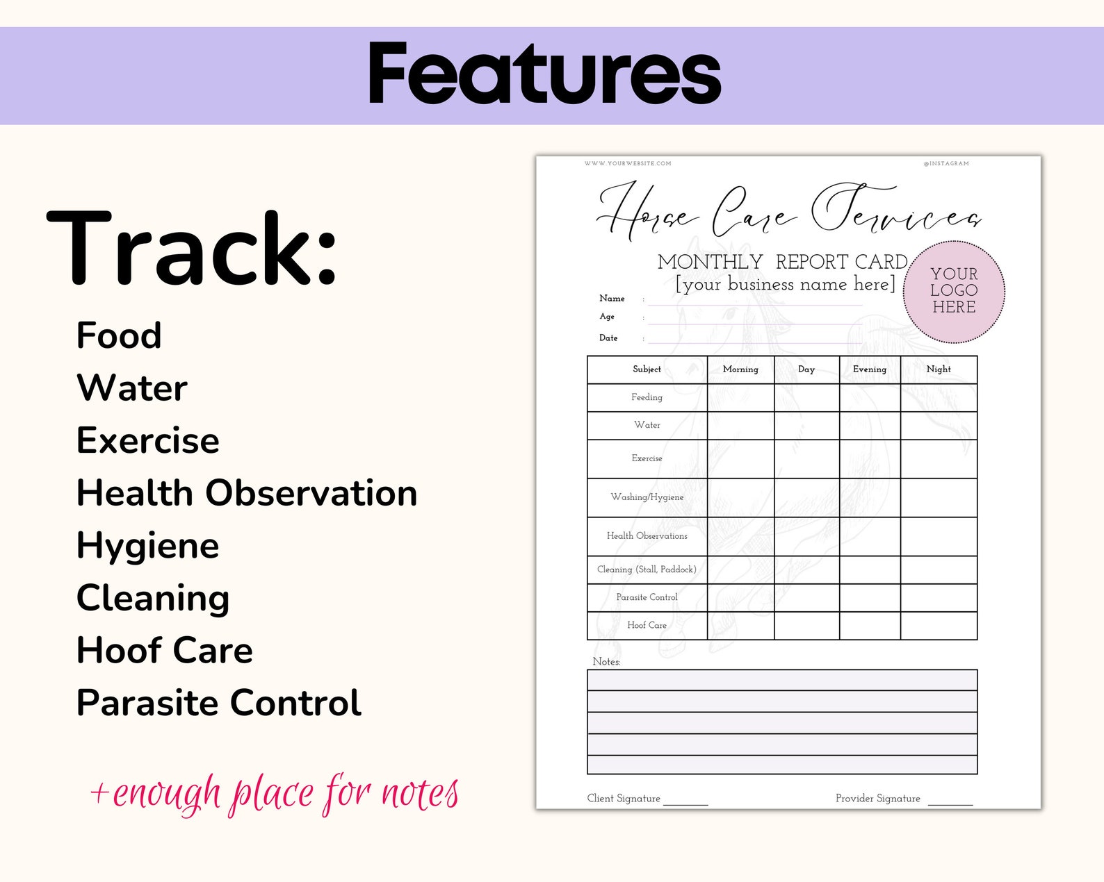 Horse Boarding Report Card Horse Intake Form Horse Boarding Business ...