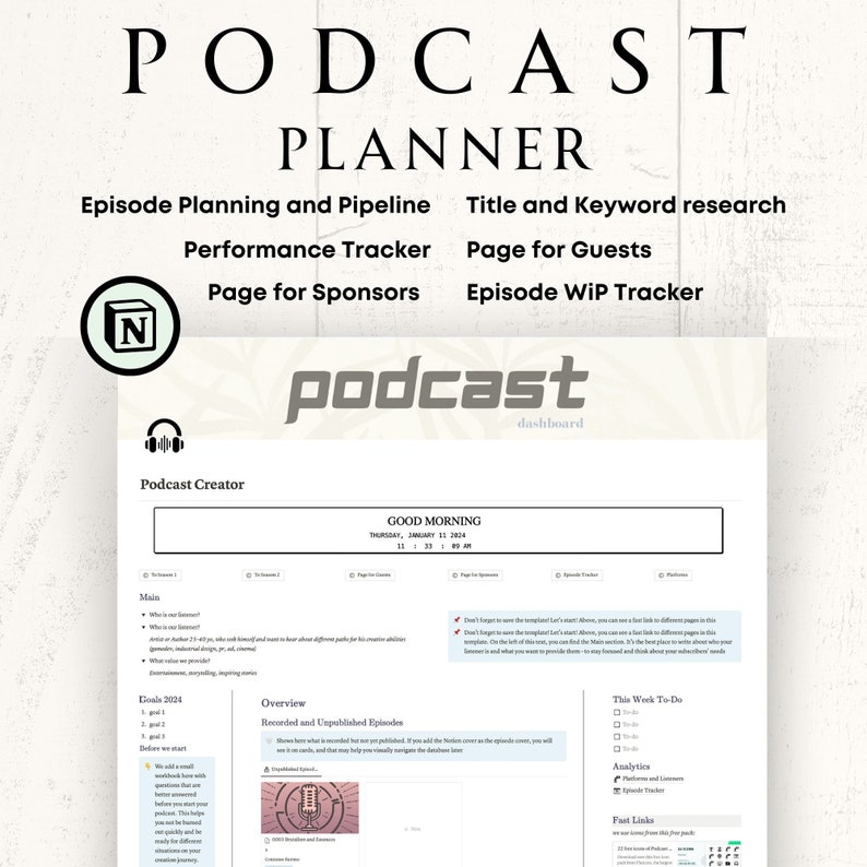 Podcast Planner Podcast Content Planner Spreadsheet in Notion Template ...