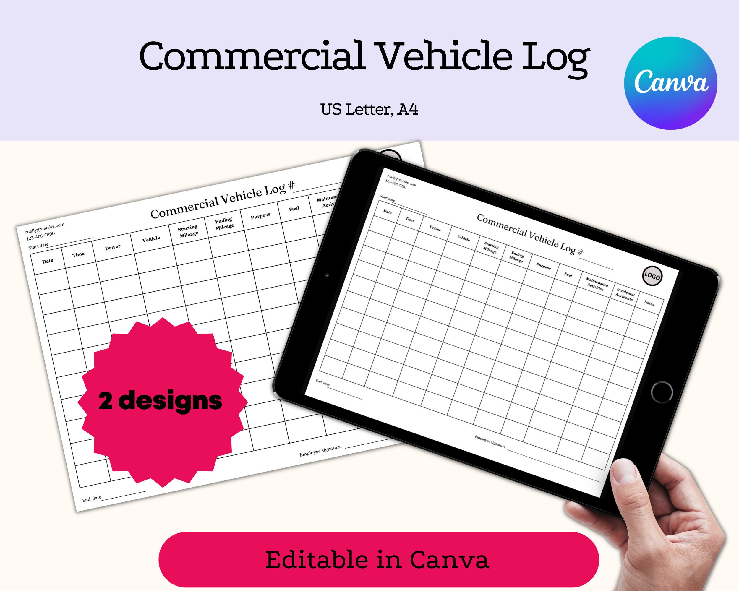 Commercial Vehicle Log Template Vehicle Logbook Vehicle Usage Record ...