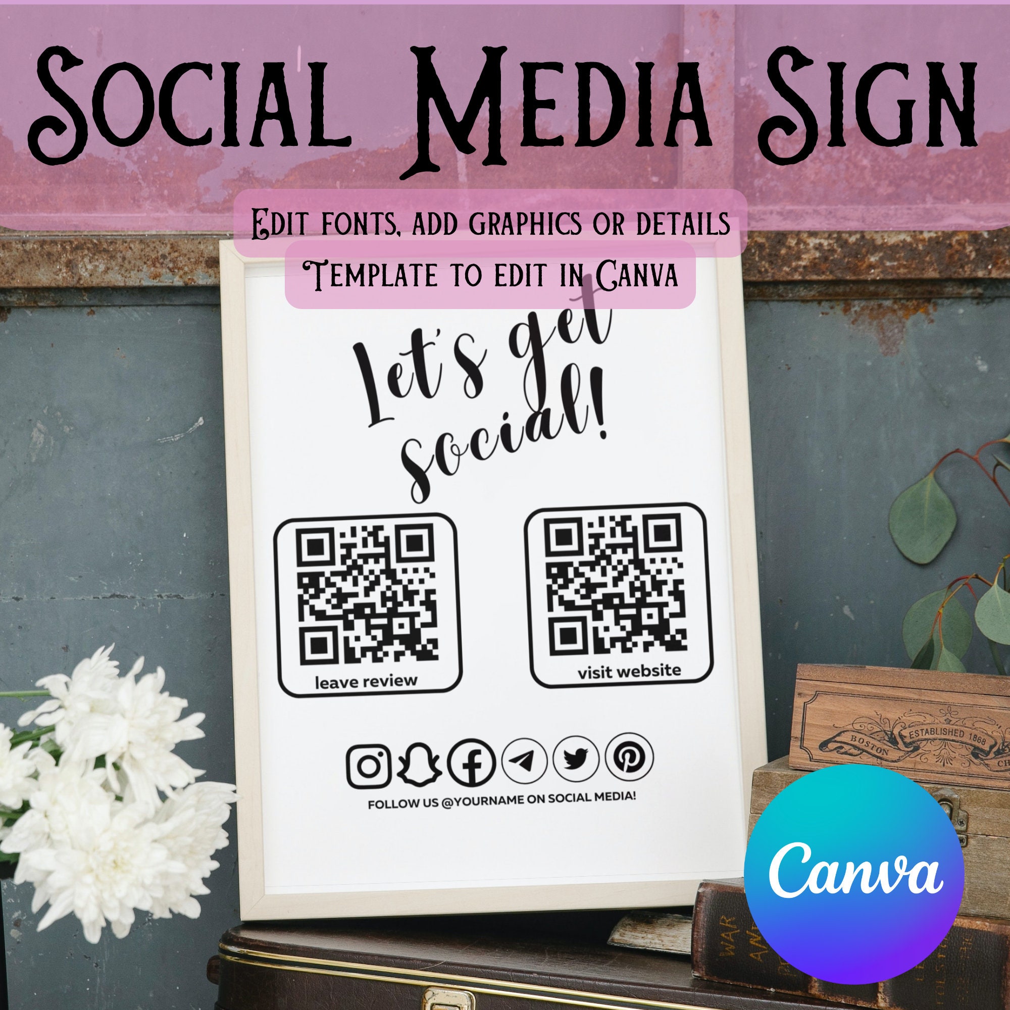 Social Media Sign Template QR Code Sign Editable Small Business Sign ...