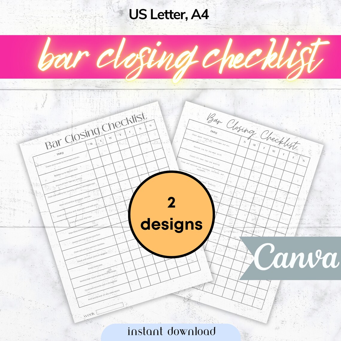 Bar Closing Checklist Bar End Shift Cleaning List Bar Cleaning Log Bar ...