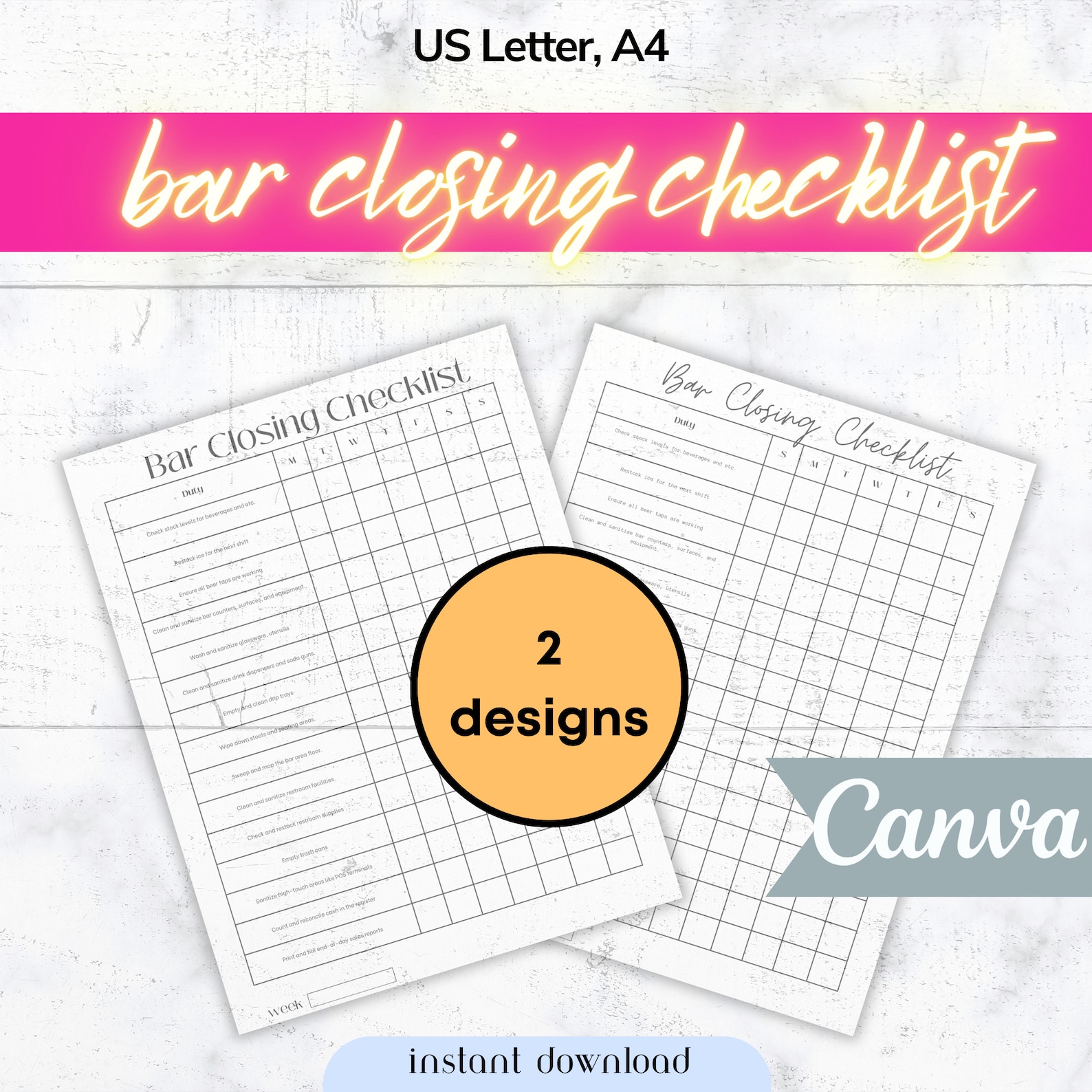 Bar Closing Checklist Bar End Shift Cleaning List Bar Cleaning Log Bar ...