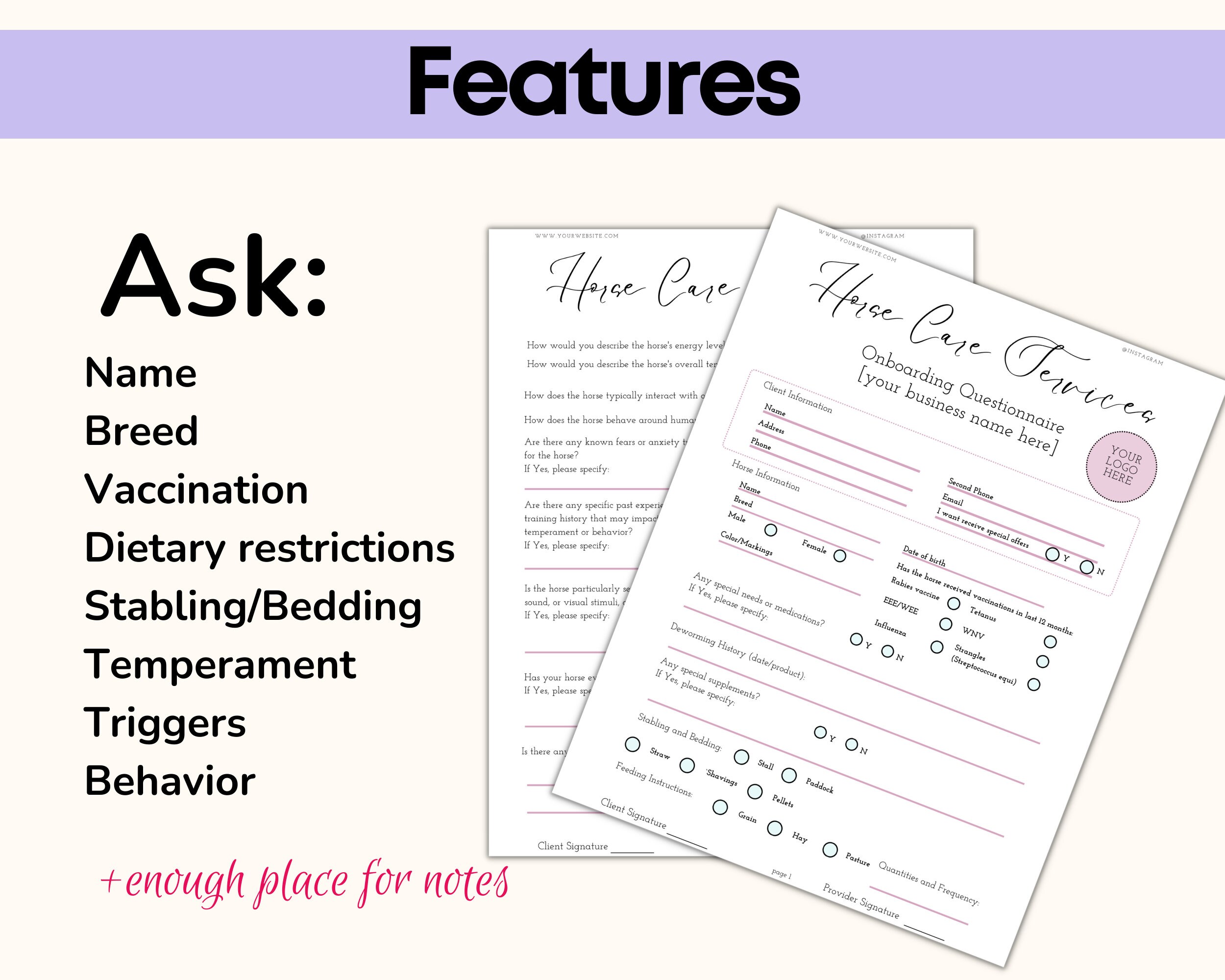 Horse Boarding Report Card Horse Intake Form Horse Boarding Business ...