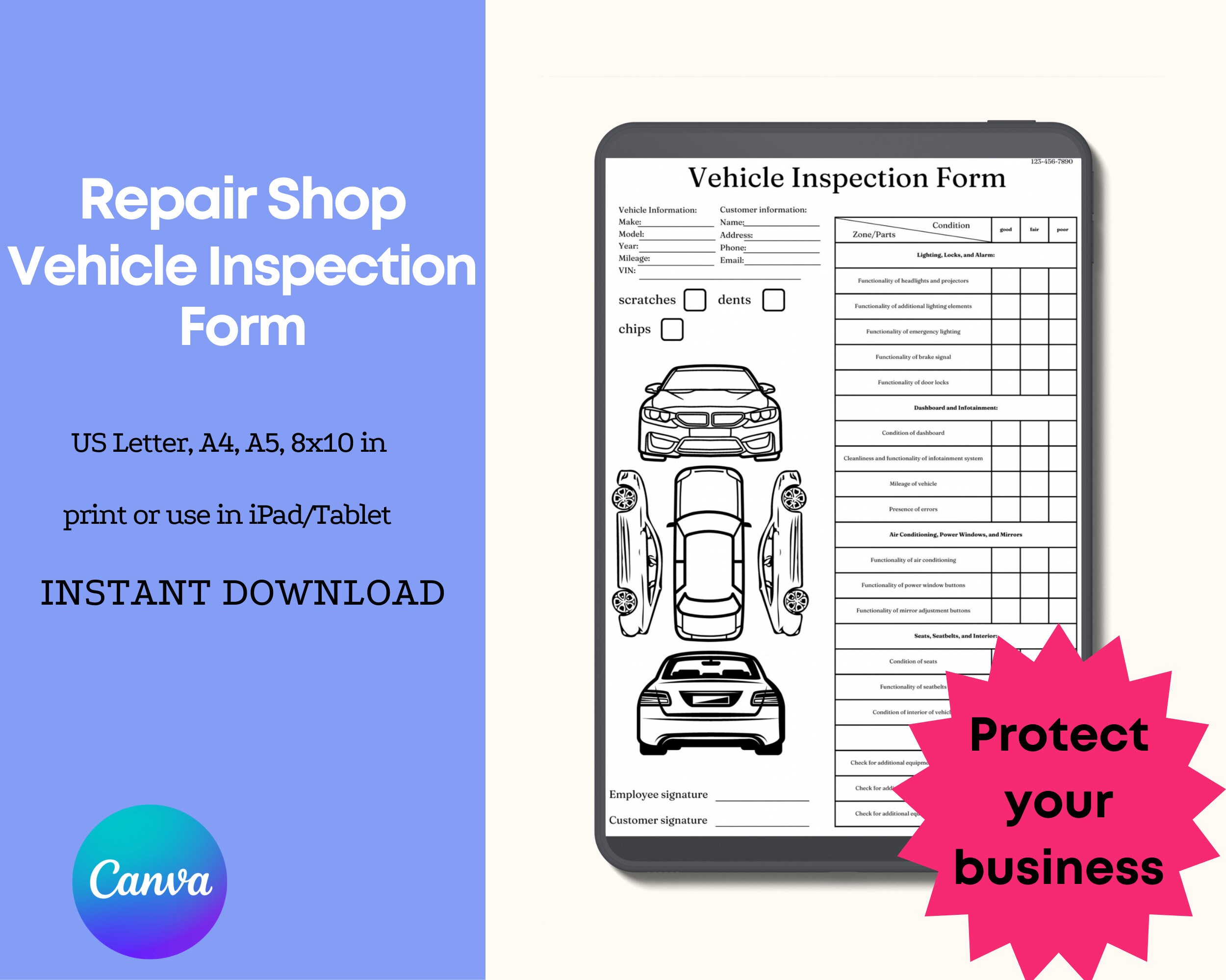 Visual Vehicle Inspection Report Car Repair Shops Forms Etsy