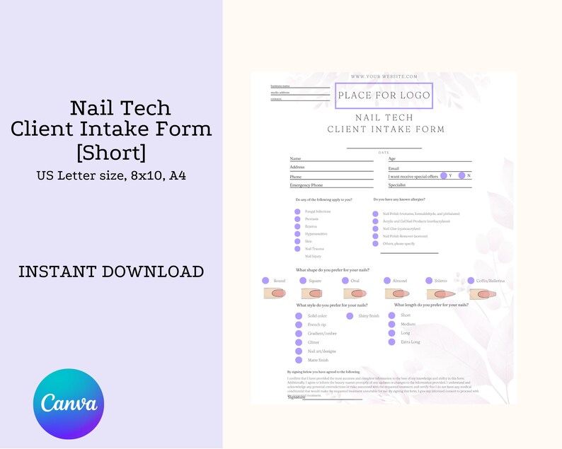 Nail Tech Client Intake Form Small Business Forms Manicure Intake Forms ...
