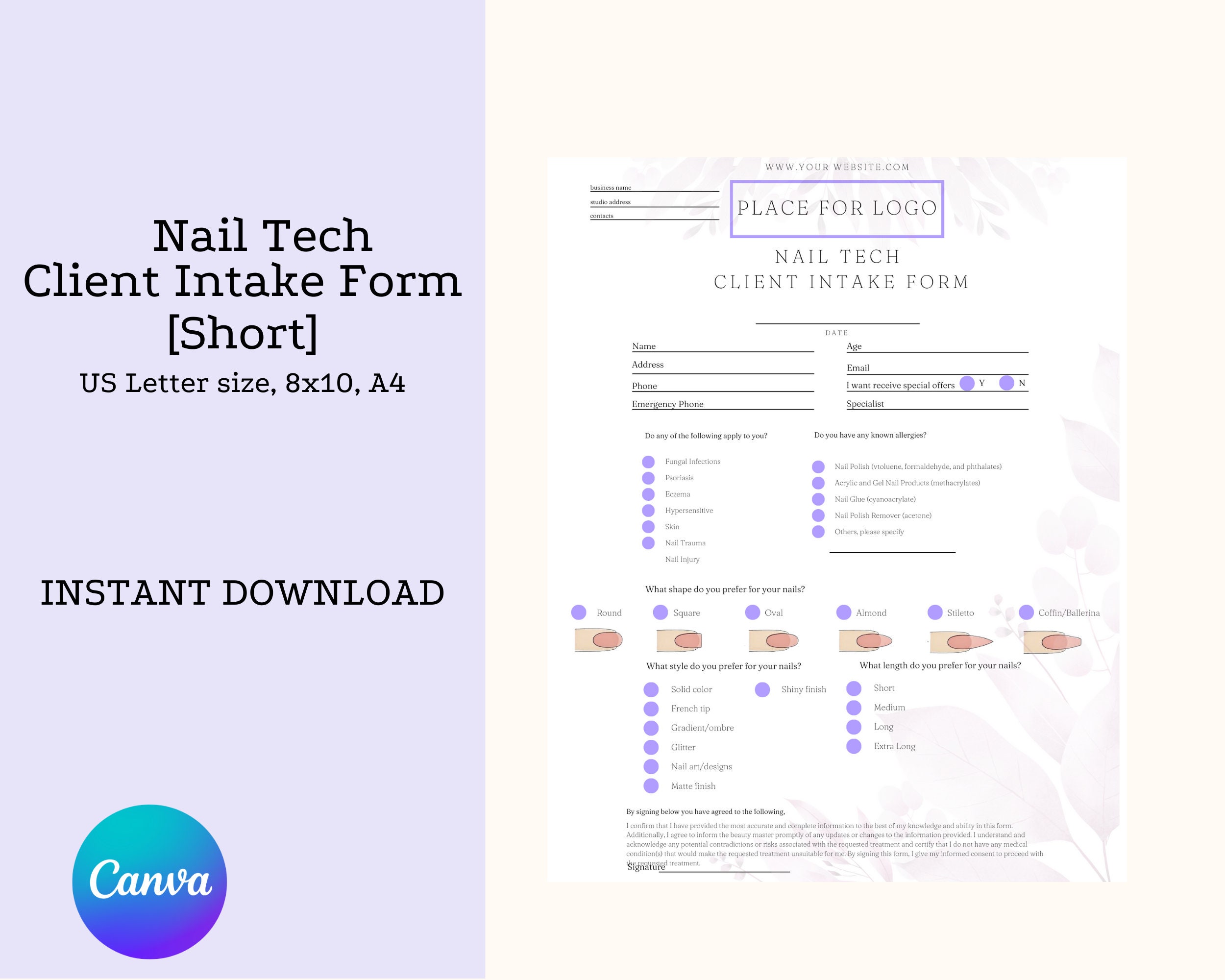 Nail Tech Client Intake Form Small Business Forms Manicure Intake Forms ...