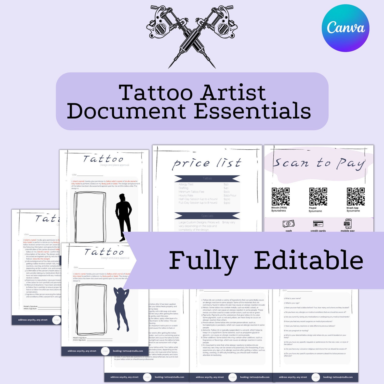 Tattoo Artist Documents Starter Kit Tattoo Consent Form Editable Tattoo ...