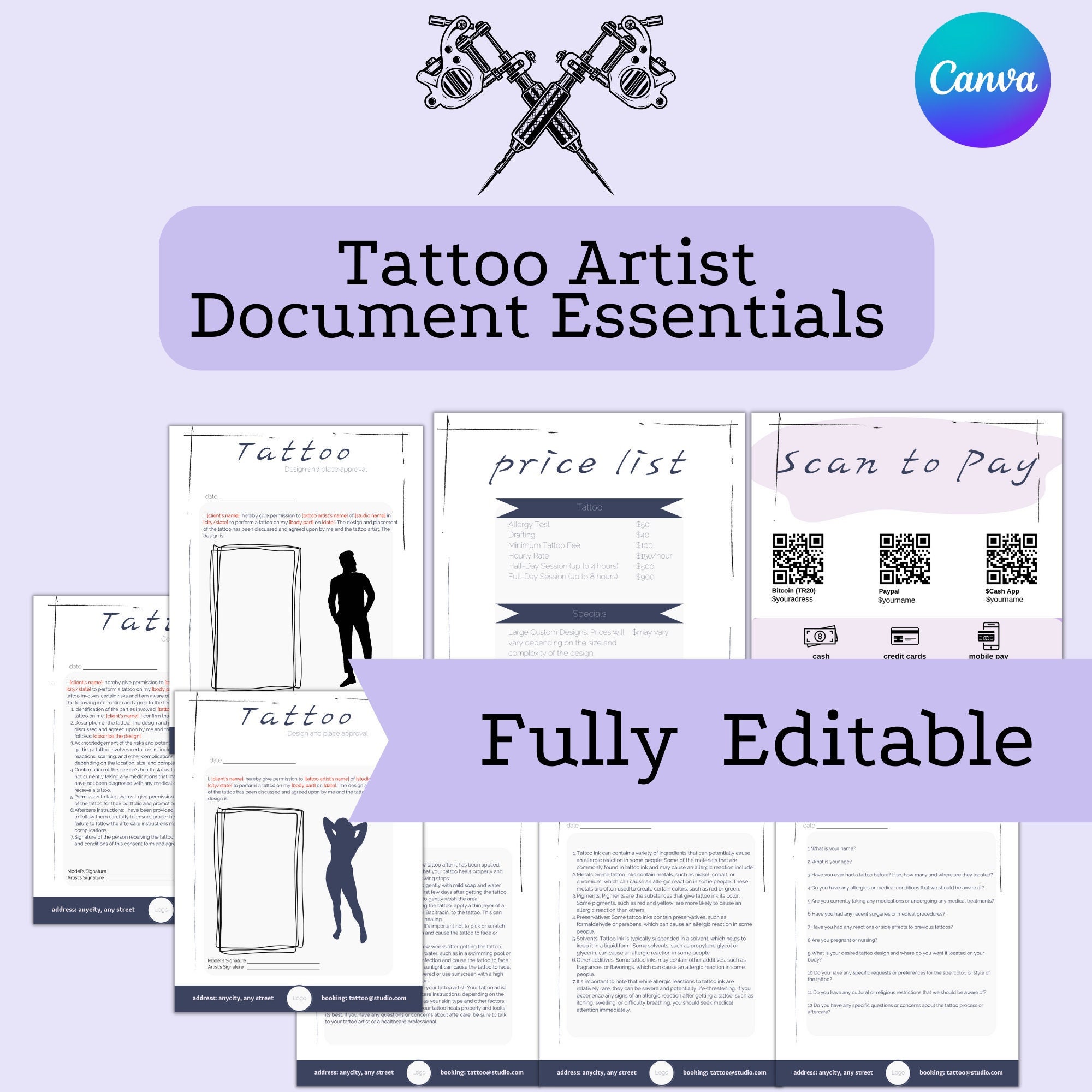 Tattoo Artist Documents Starter Kit Tattoo Consent Form Editable Tattoo ...