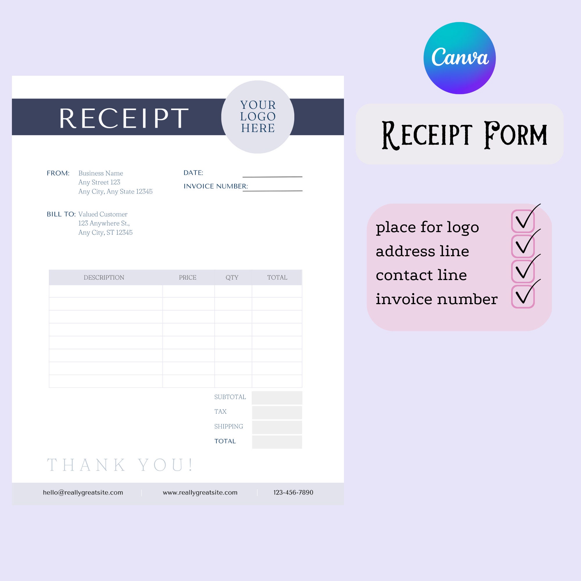 Editable Receipt Template Printable Billing Template Order Form ...