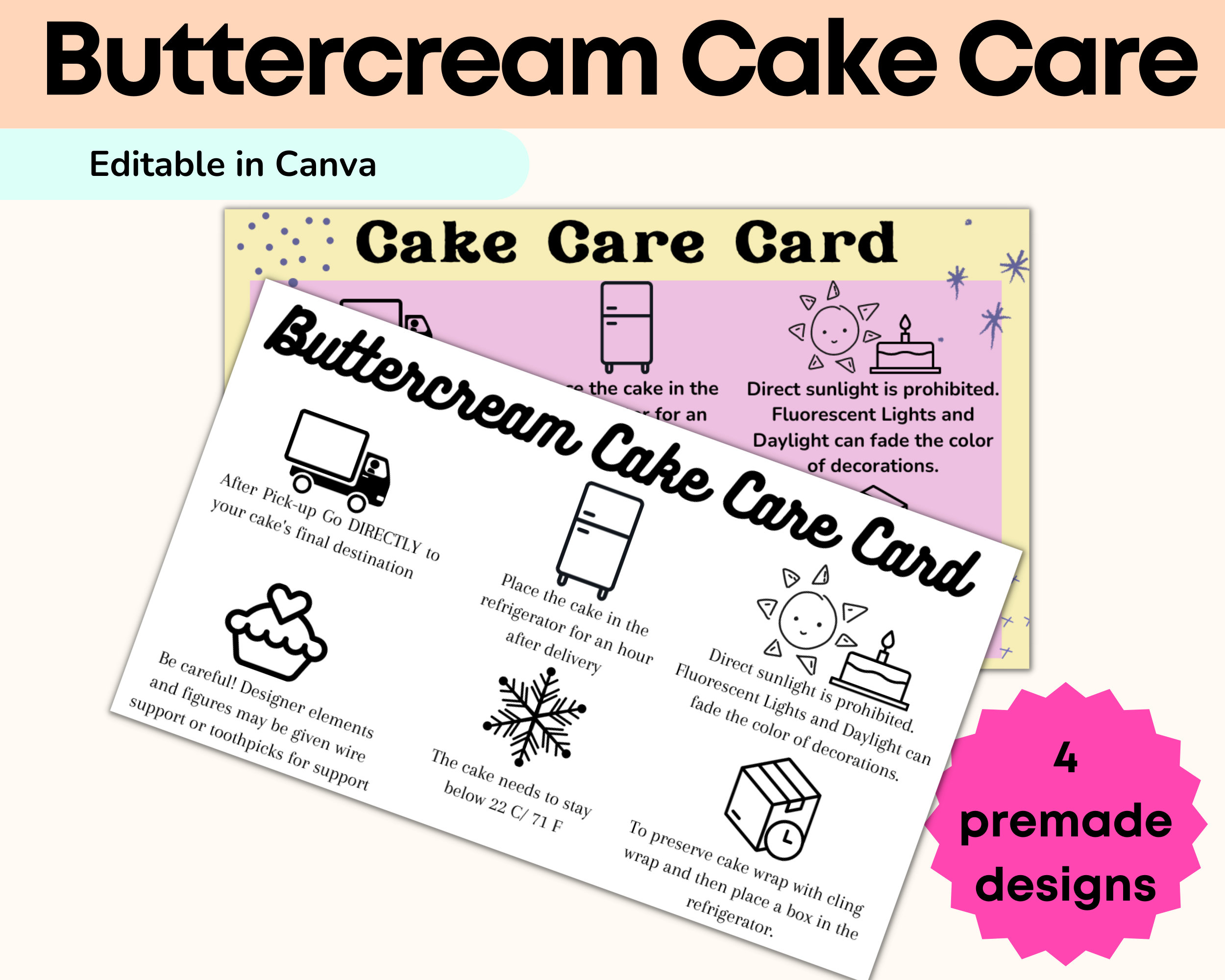 Cake Care Card Bundle Buttercream Cake Card Template Bakery - Etsy