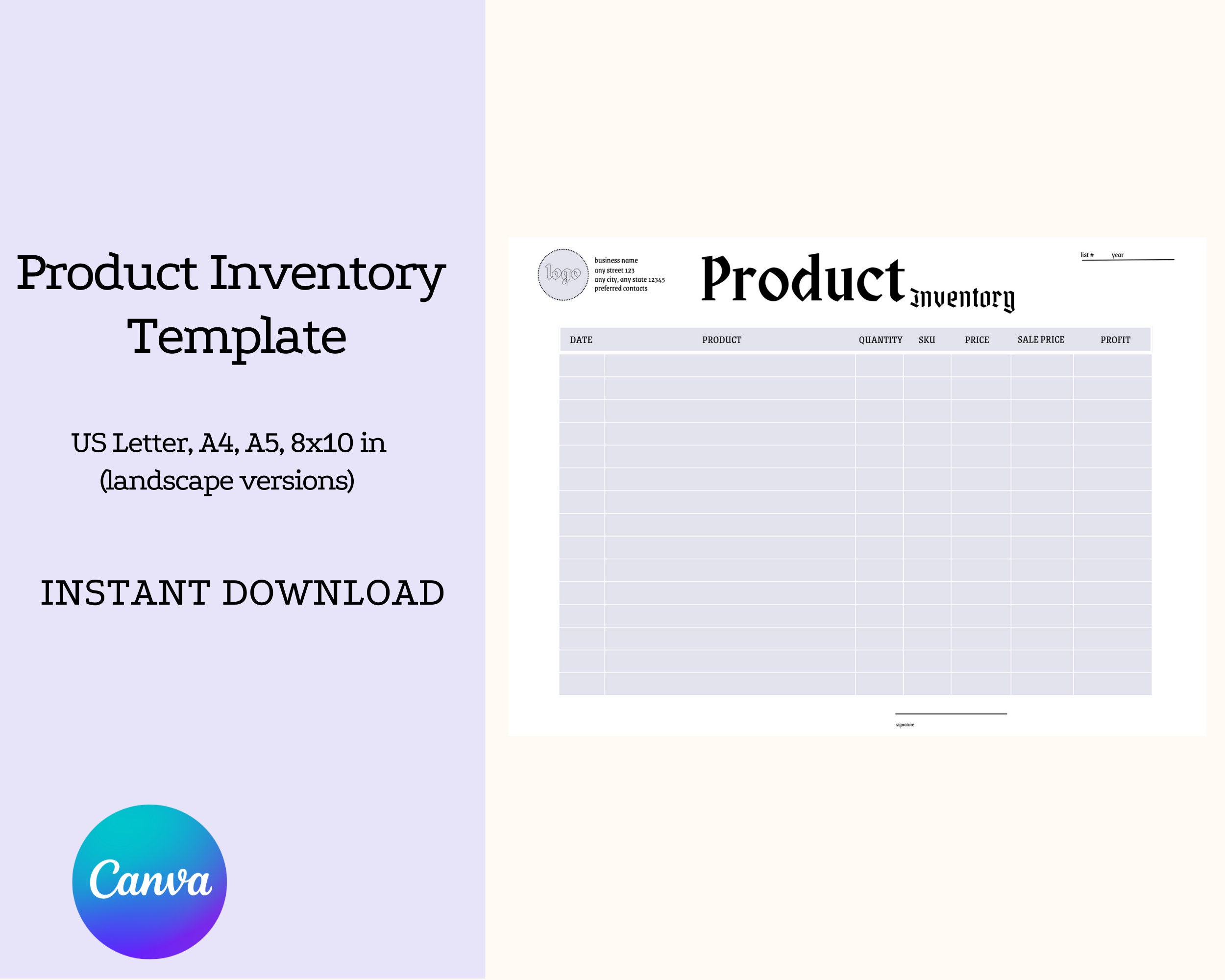 Editable Inventory Management Form Landscape Inventory Tracker Product ...
