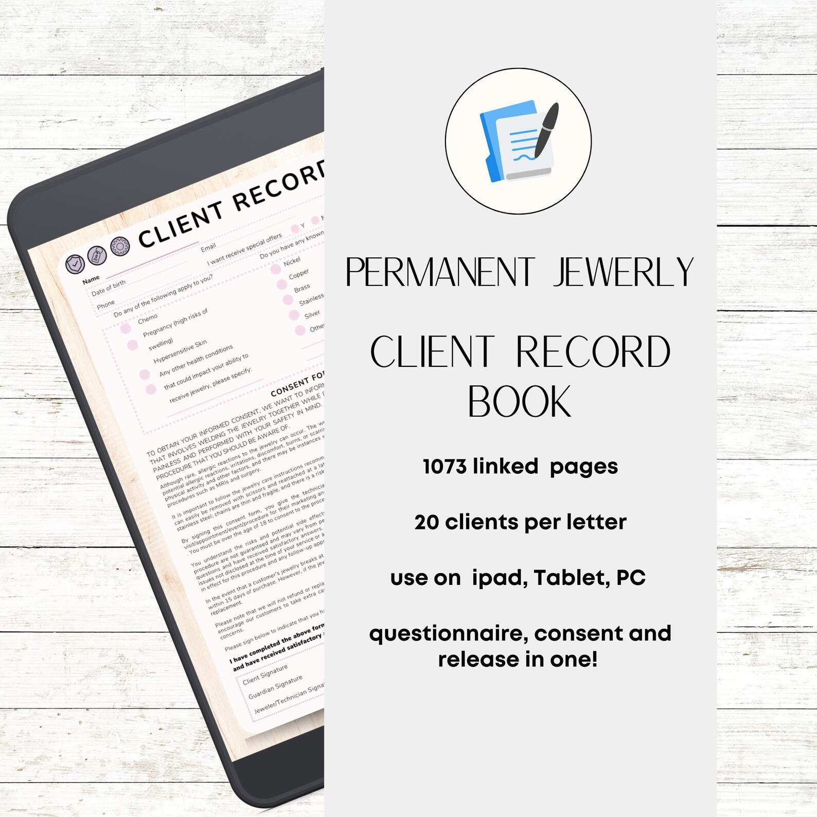 Permanent Jewelry Consent Form Permanent Jewelry Digital Client Record ...