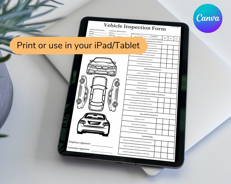 Vehicle Inspection Form Car Checking Repair Shop Intake Form - Etsy
