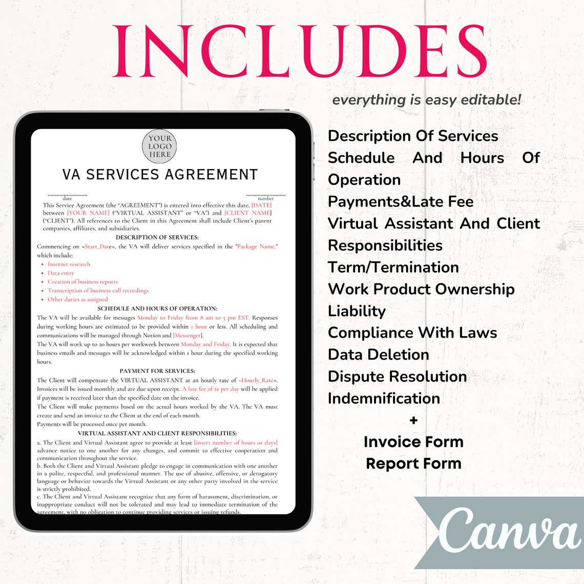 Virtual Assistant Contract Template VA Hourly Rate Contract Form ...