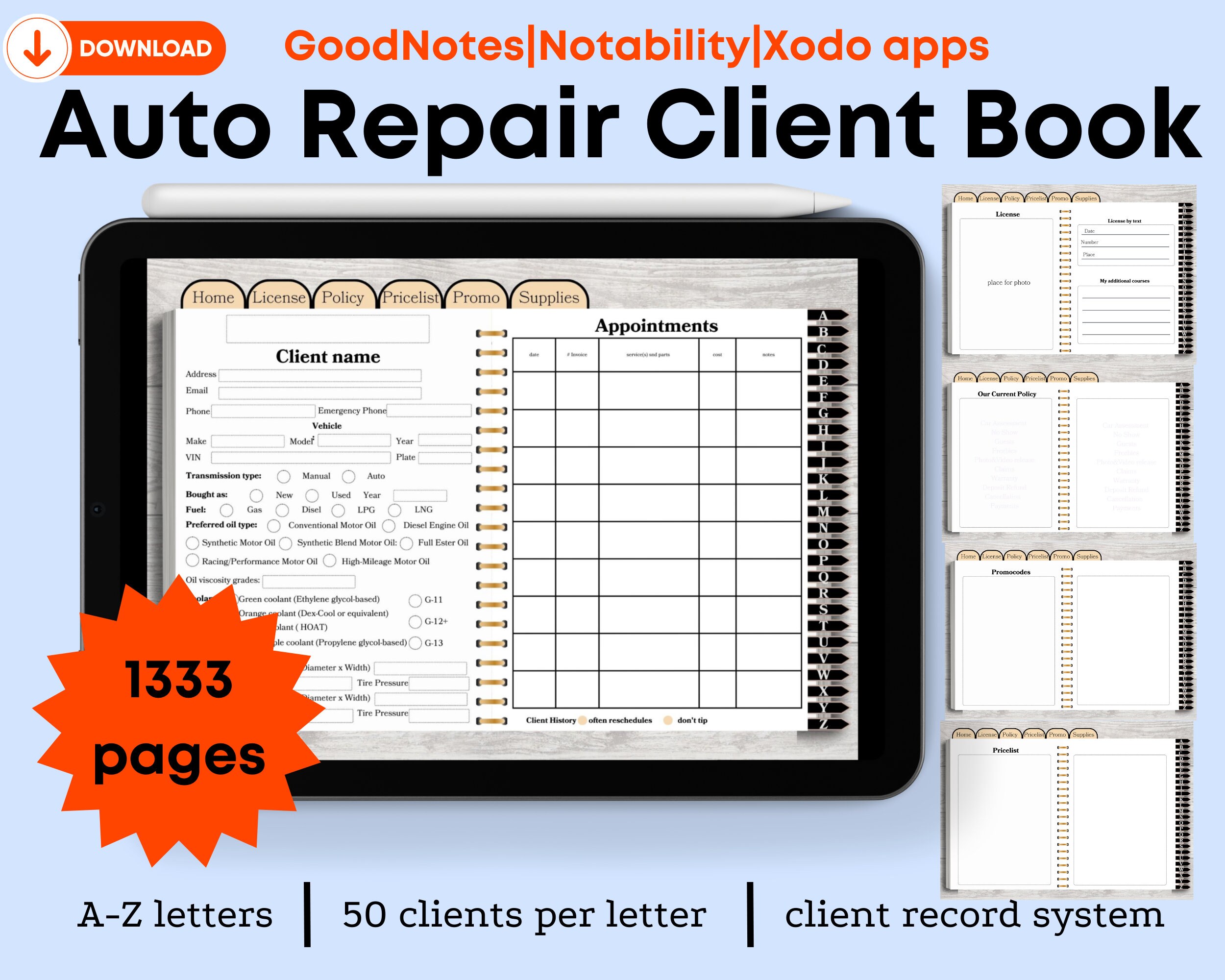 Auto Repair Shop Client Record Book Vehicle Repair Client Intake Form ...