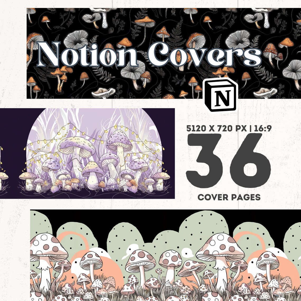 Mushroomcore Notion Covers | Aesthetic Digital Planner (36 Seamless 16: ...