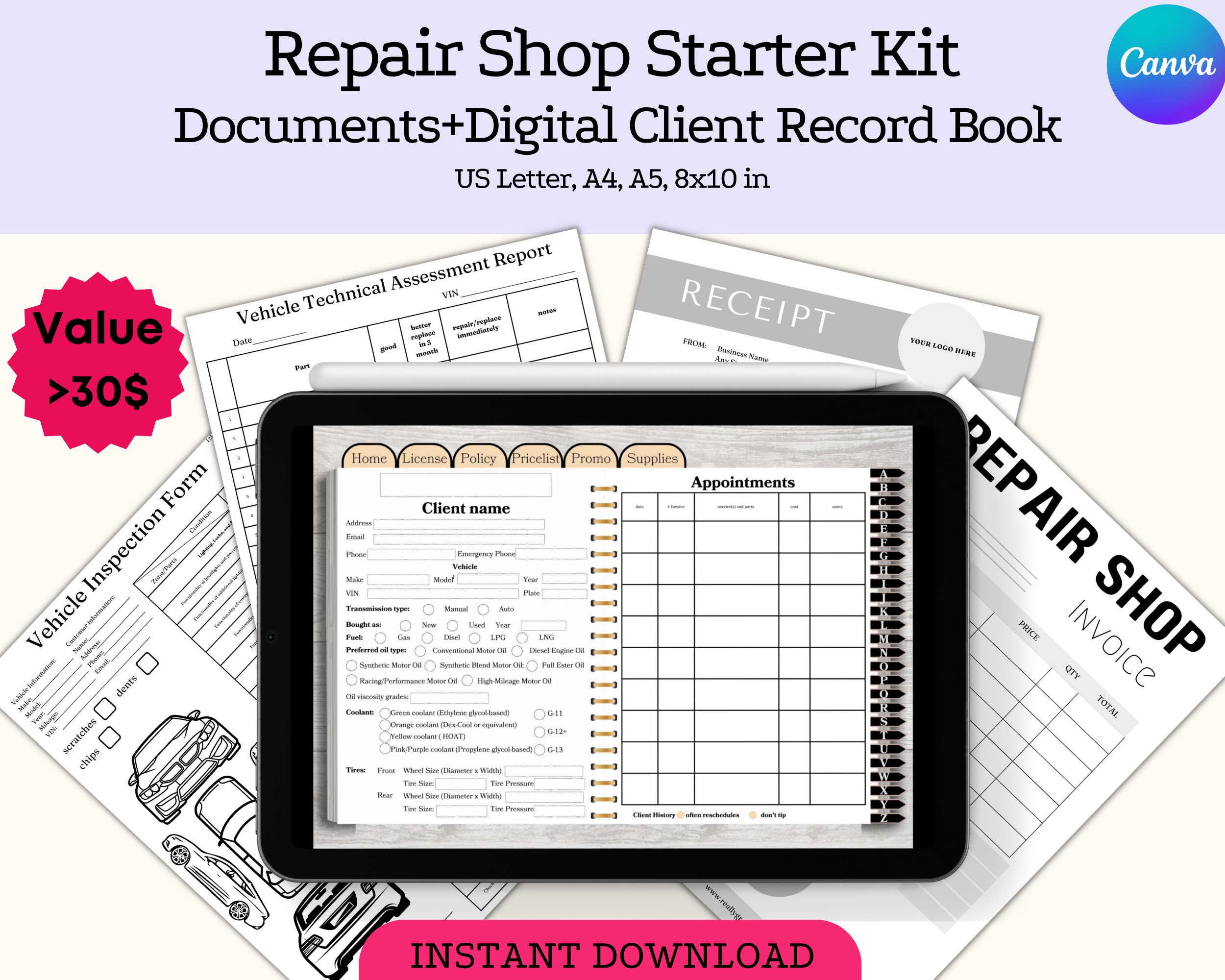 Appointment Book Vehicle Repair Shop Mobile Mechanic Client Record Book ...