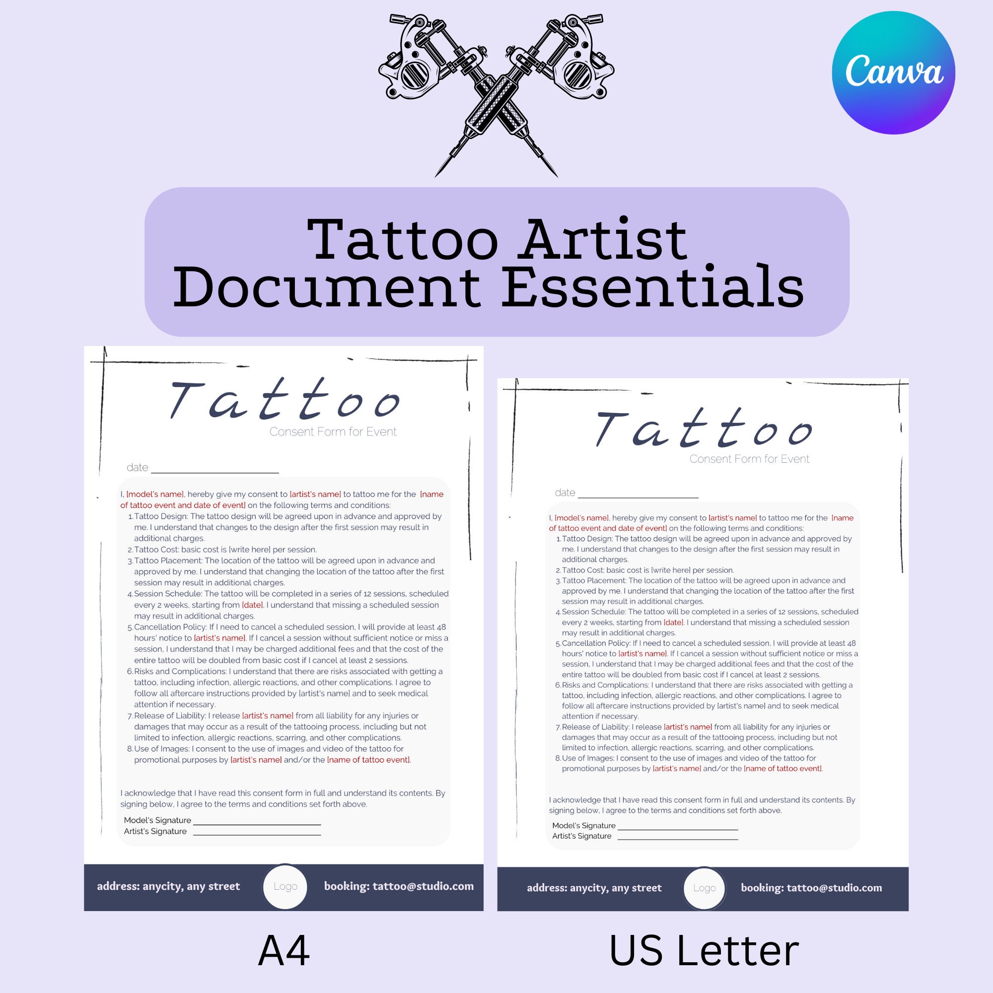 Tattoo Artist Documents Starter Kit Tattoo Consent Form Editable Tattoo ...