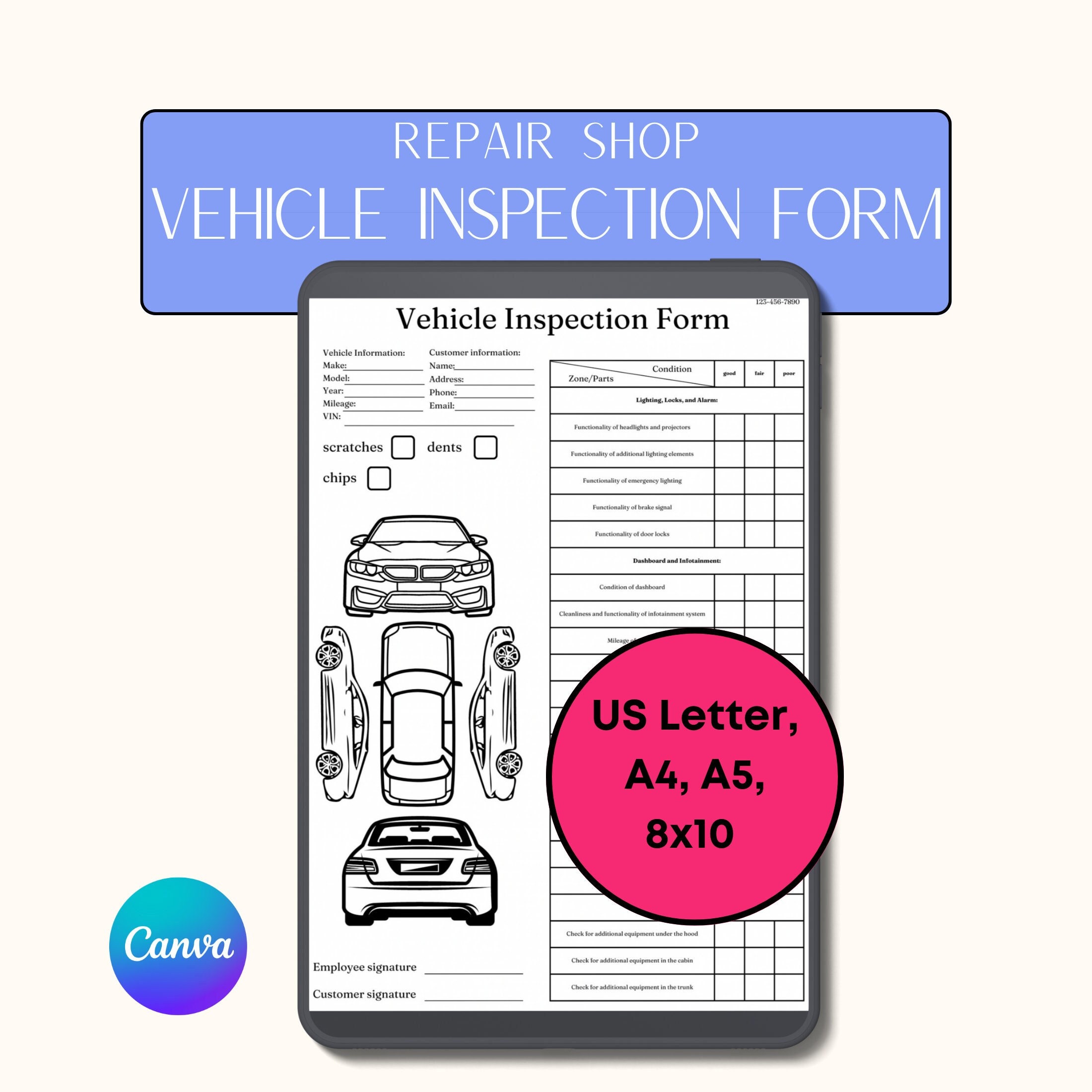 Vehicle Inspection Form Car Checking Repair Shop Intake Form Repair ...