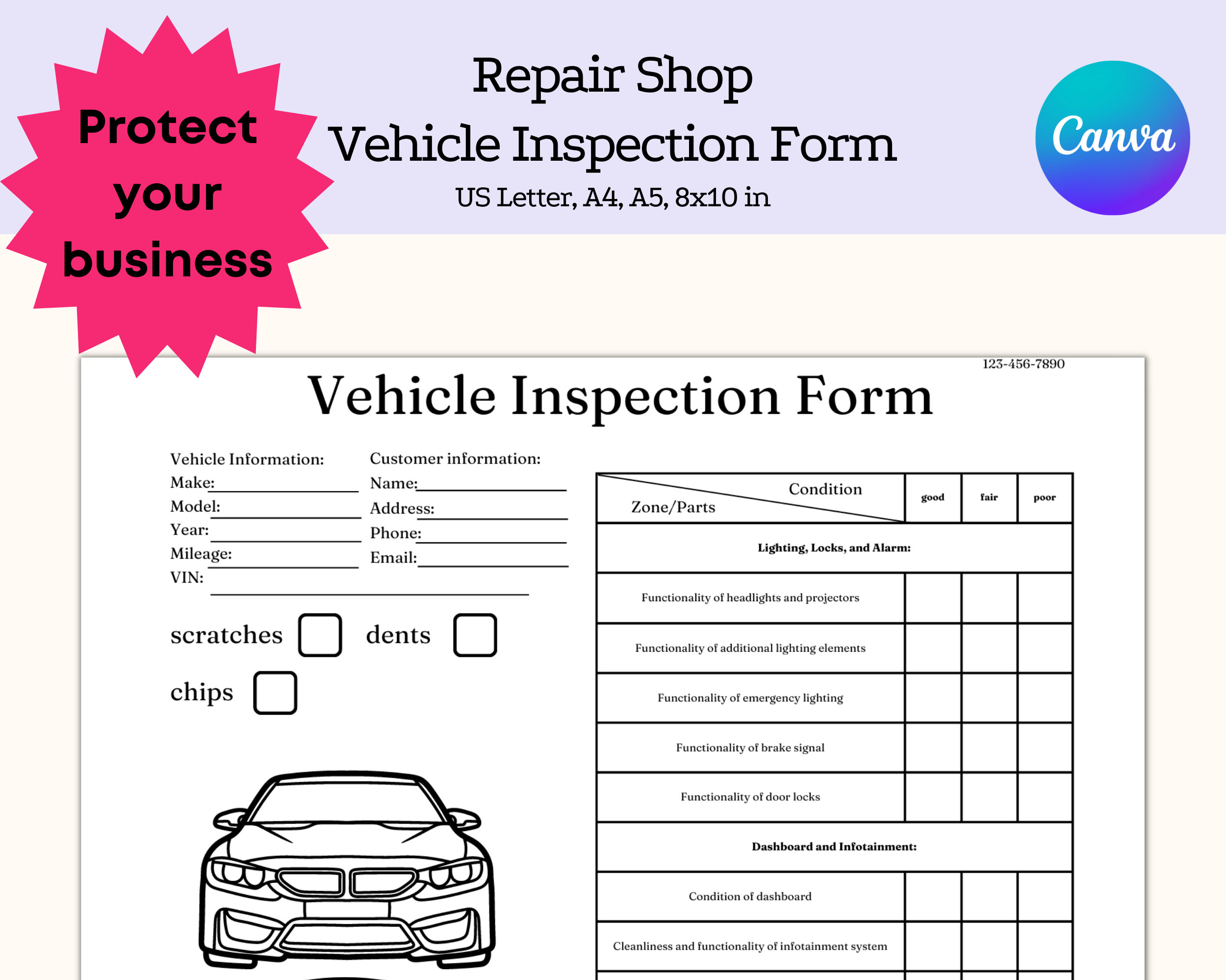 Vehicle Inspection Form Car Checking Mechanic Intake Form Repair Shop ...