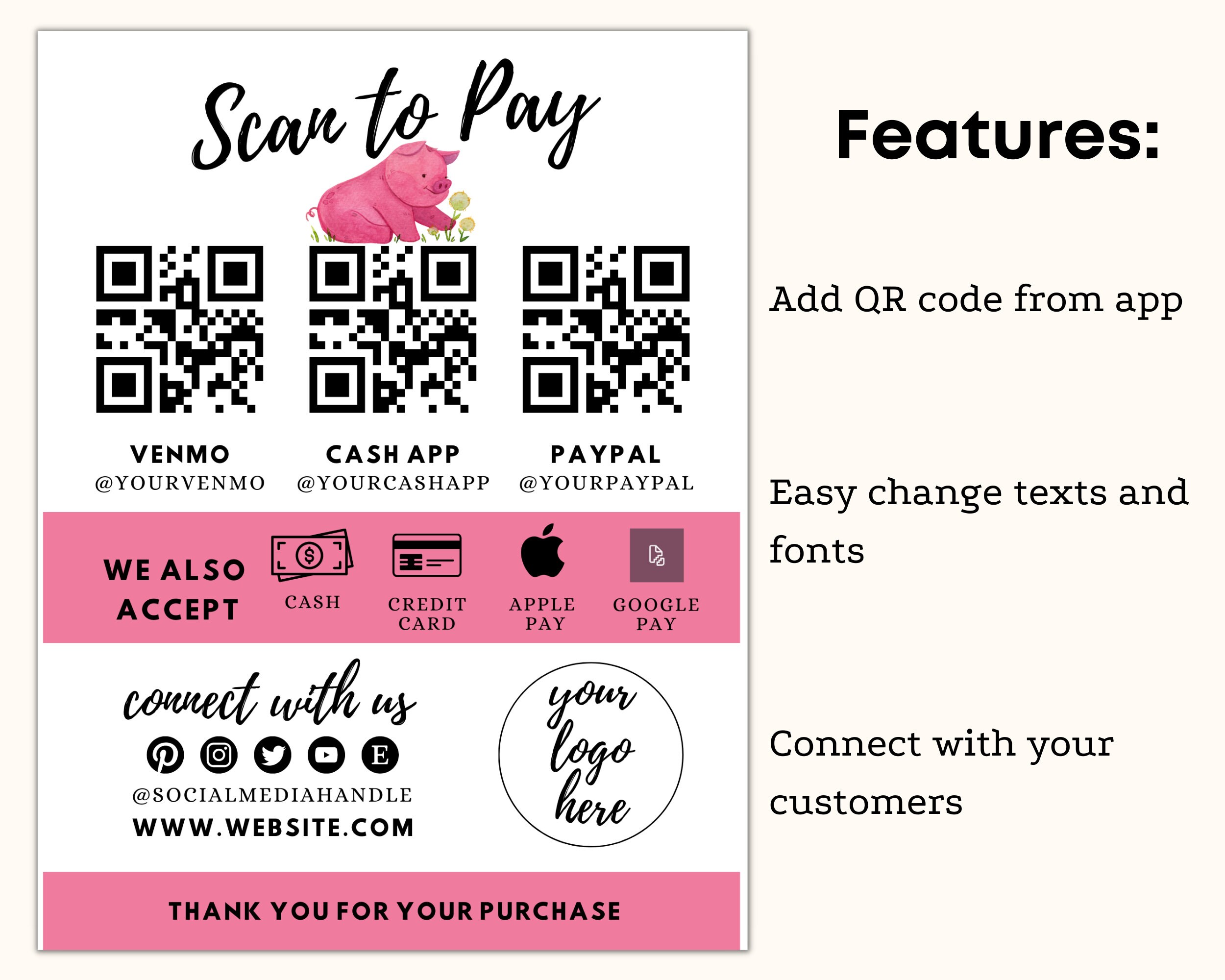 Cute Scan to Pay Sign Template Green Payment Sign Printable Small ...