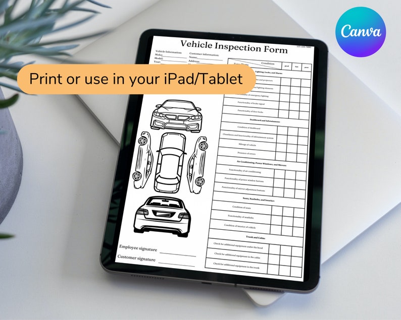Vehicle Inspection Form Car Checking Mechanic Intake Form Repair Shop ...