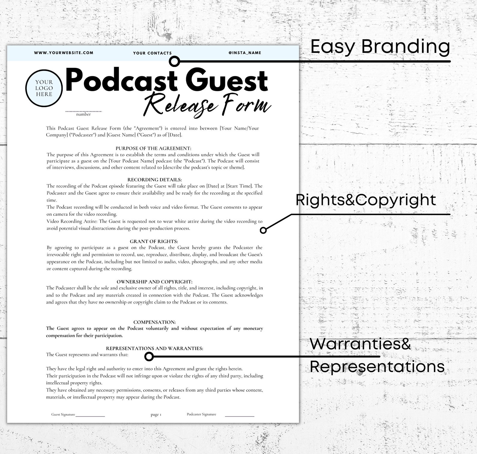 Podcast Agreement Podcast Guest Release Form Podcast Branding Template ...