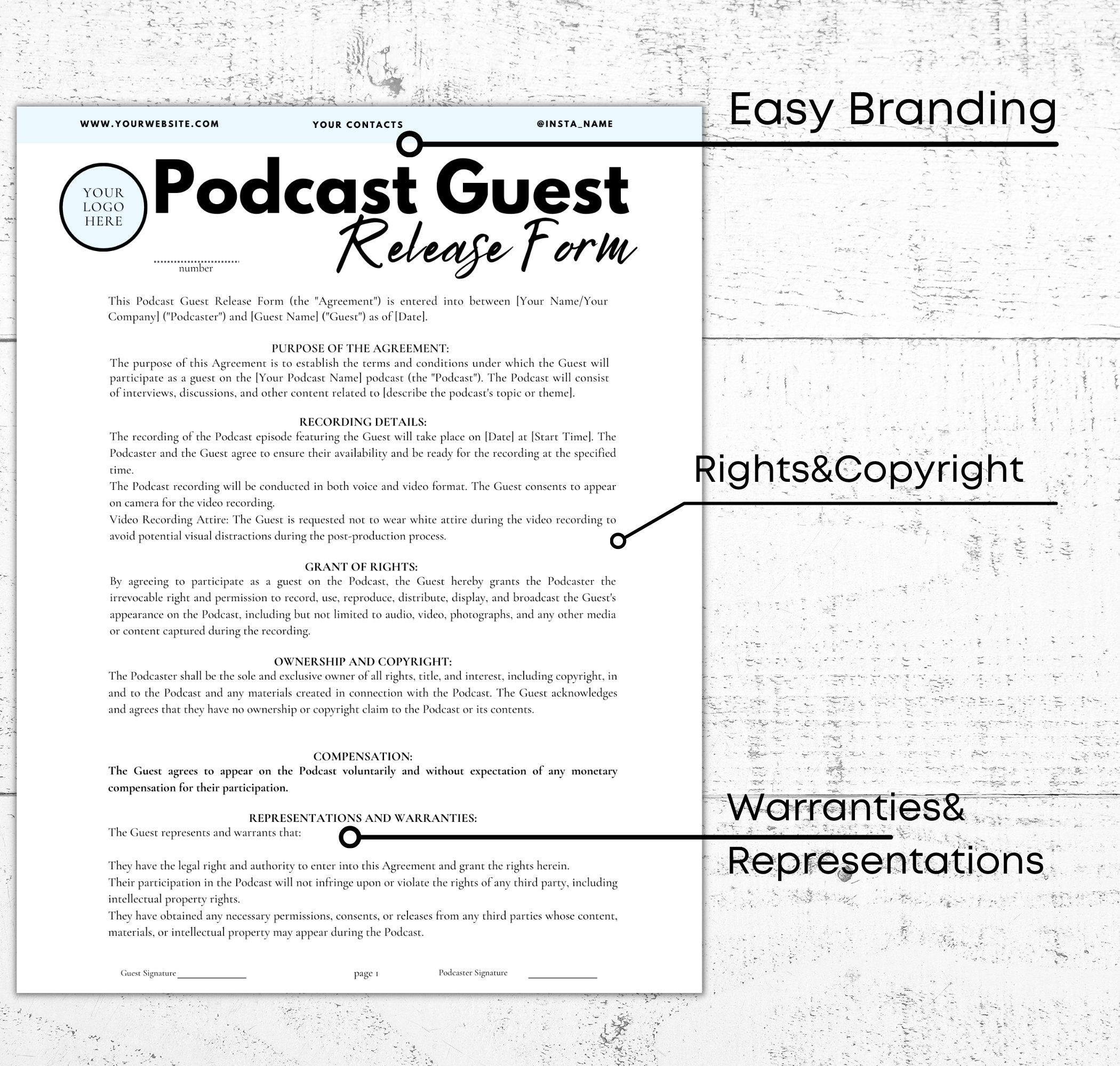 Podcast Agreement Podcast Guest Release Form Podcast Branding Template ...