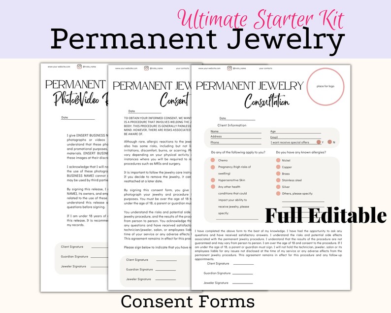 Permanent Jewelry Business Starter Kit Permanent Jewelry Consent Forms ...