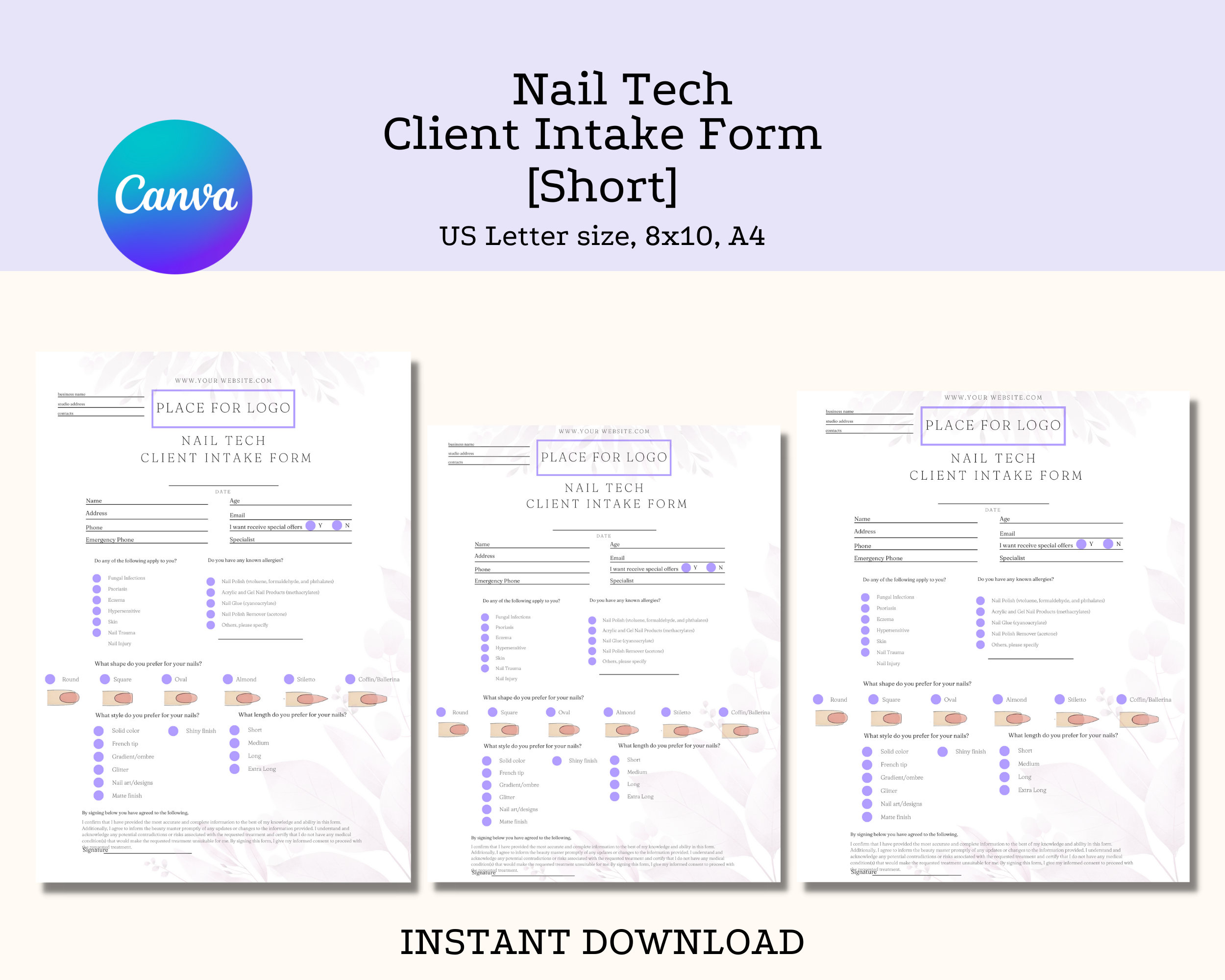 Nail Tech Client Intake Form Small Business Forms Manicure Intake Forms ...
