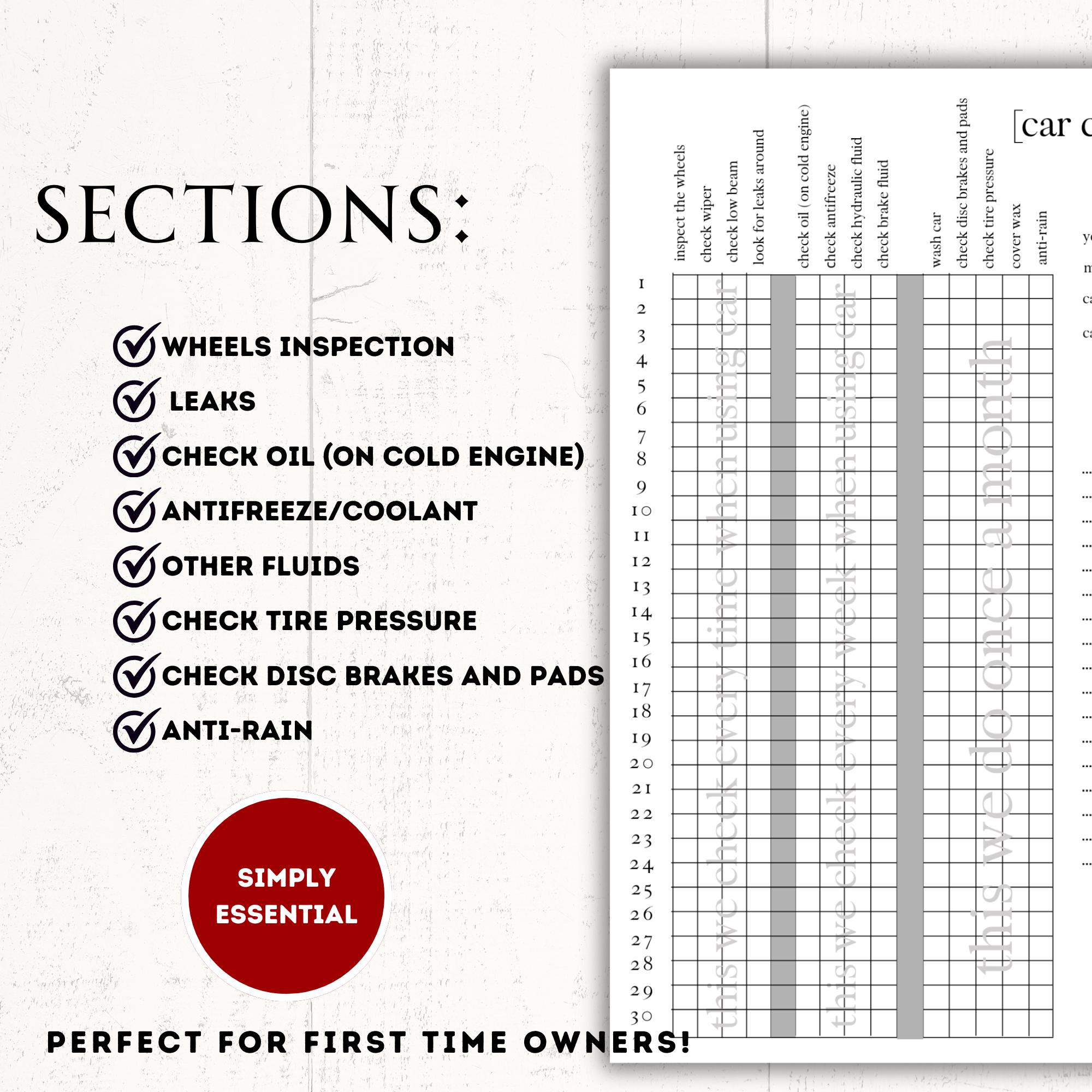 Printable Car Maintenance Checklist: Monthly Vehicle Inspection ...