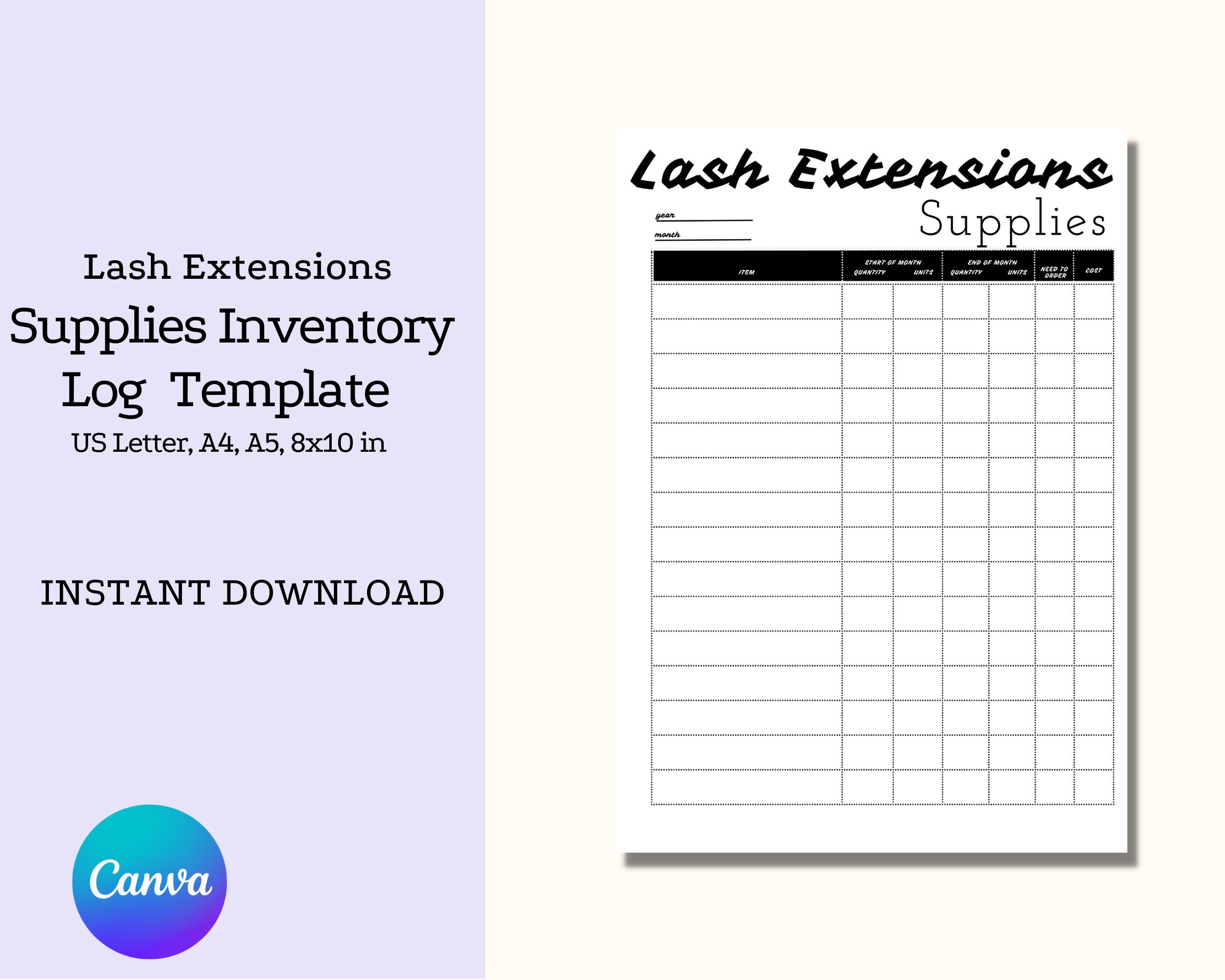 Lash Tech Forms Printable Inventory Tracker Inventory Sheet Lash ...