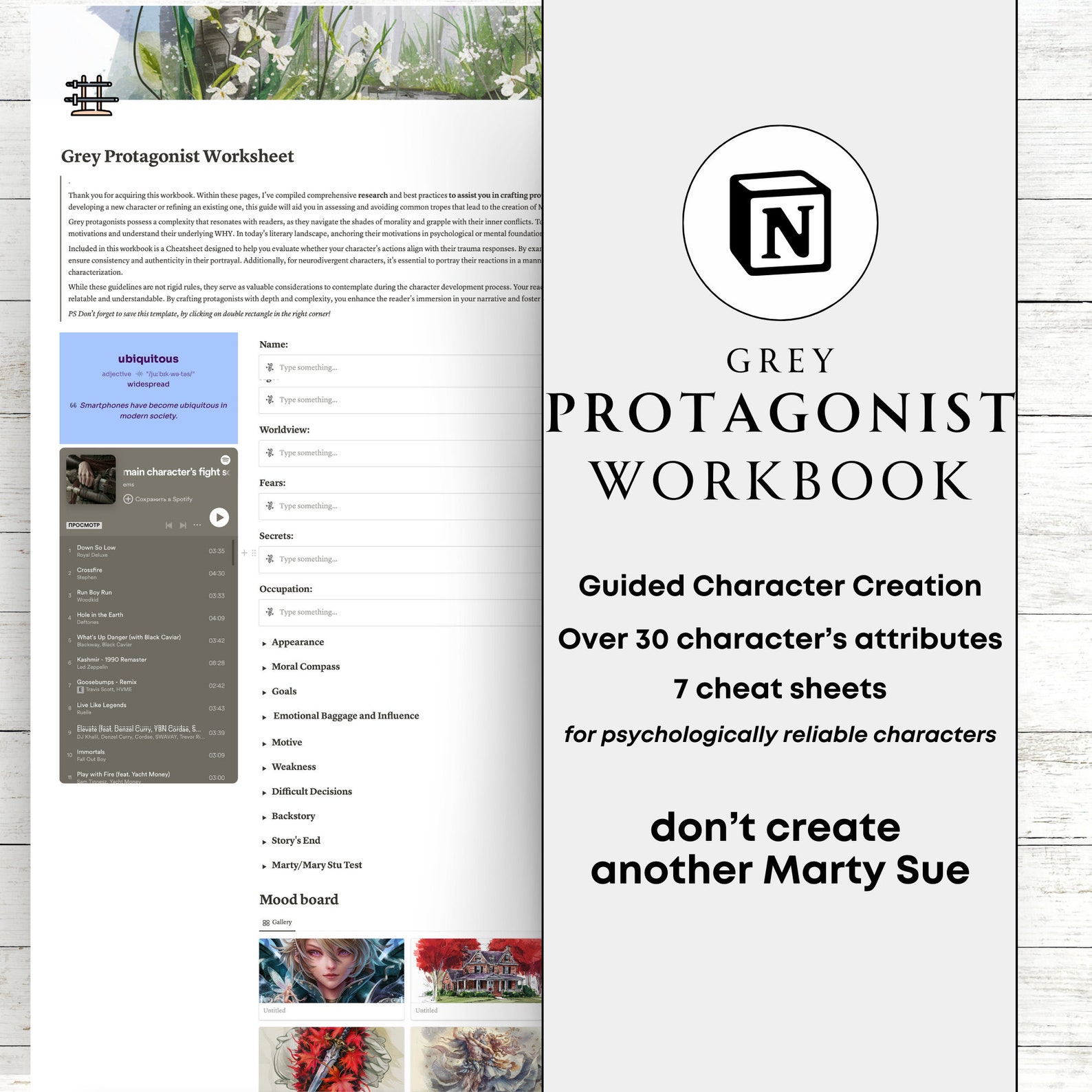 Notion Template for Writer Gift Protagonist Workbook Grey Main ...
