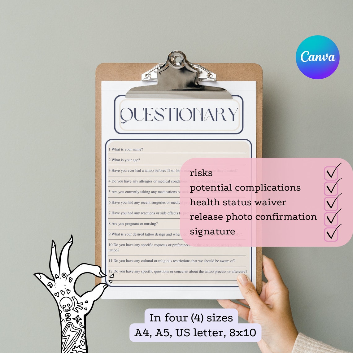 Editable and Printable Tattoo Client Intake Form Tattoo Business Tattoo ...
