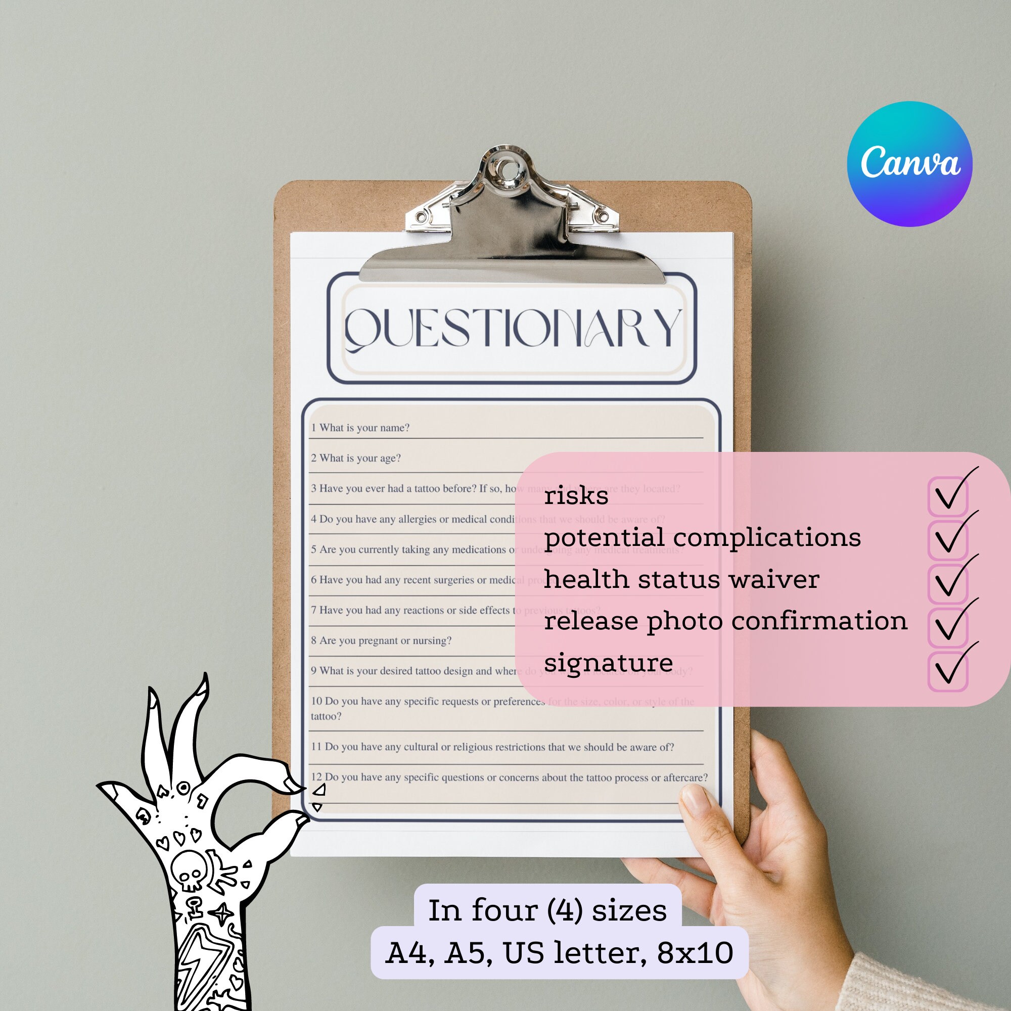 Editable and Printable Tattoo Client Intake Form Tattoo Business Tattoo ...