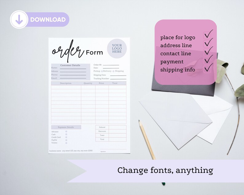 Editable Order Form Template Purchase Order Form Template - Etsy
