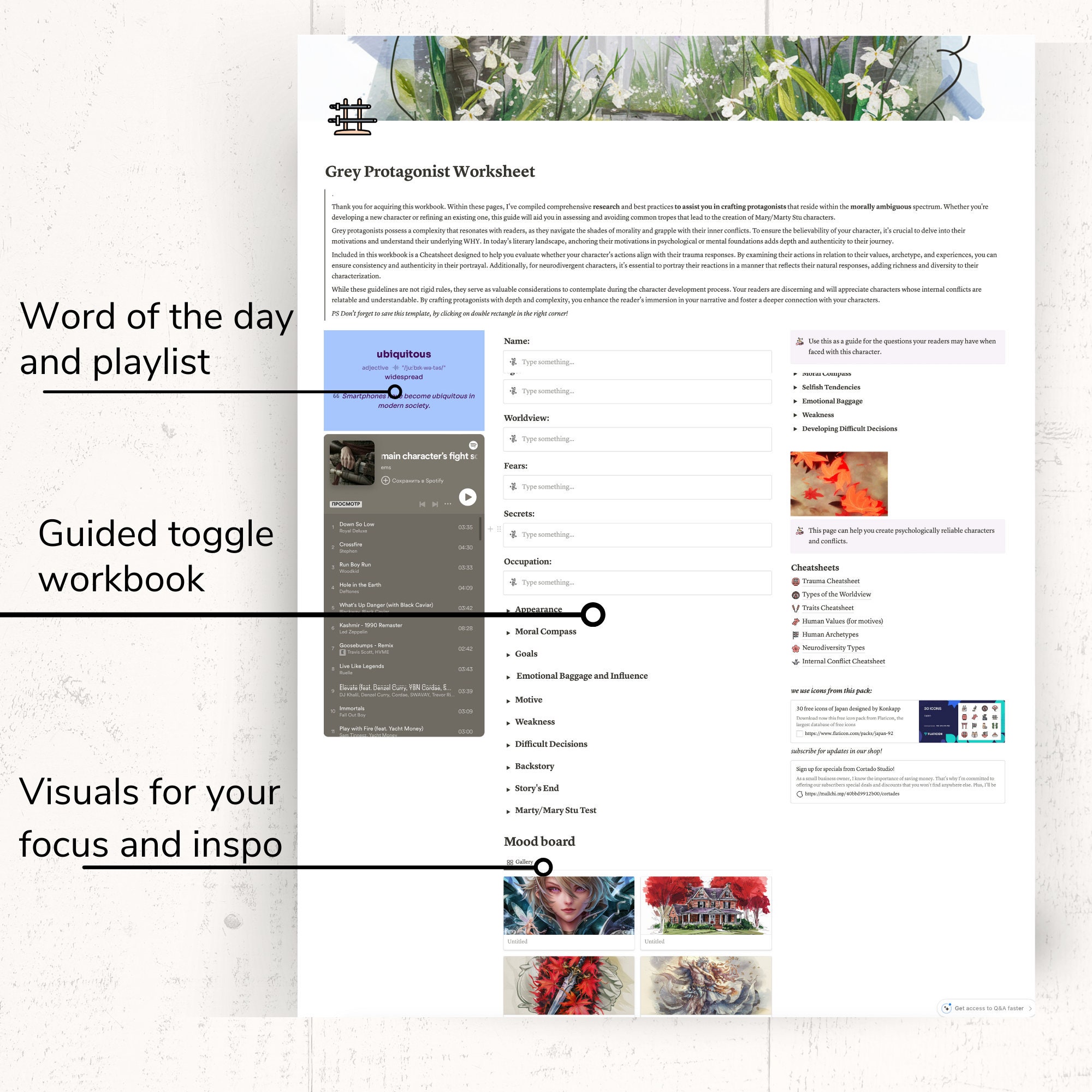 Notion Template for Writer Gift Protagonist Workbook Grey Main ...