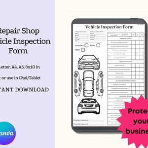 Vehicle Inspection Form Car Checking Mechanic Intake Form Repair Shop ...