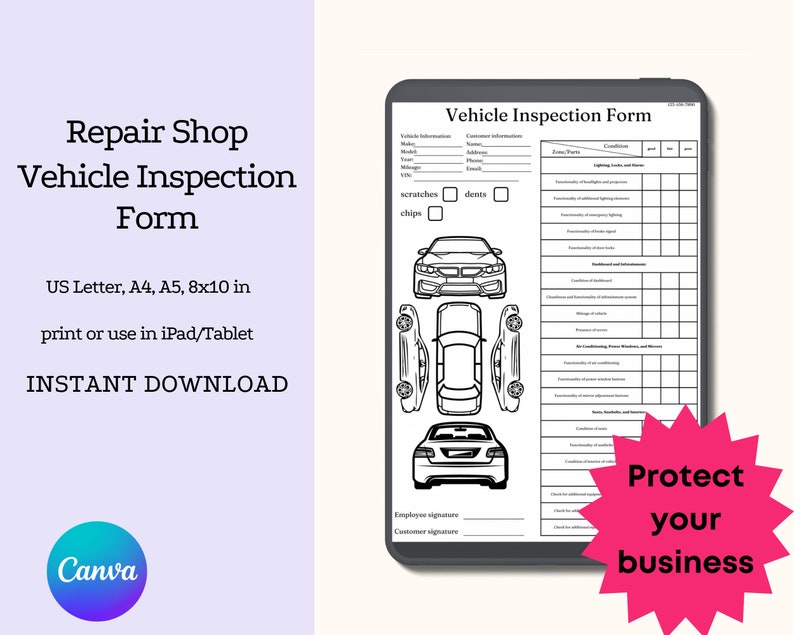 Vehicle Inspection Form Car Checking Mechanic Intake Form Repair Shop ...