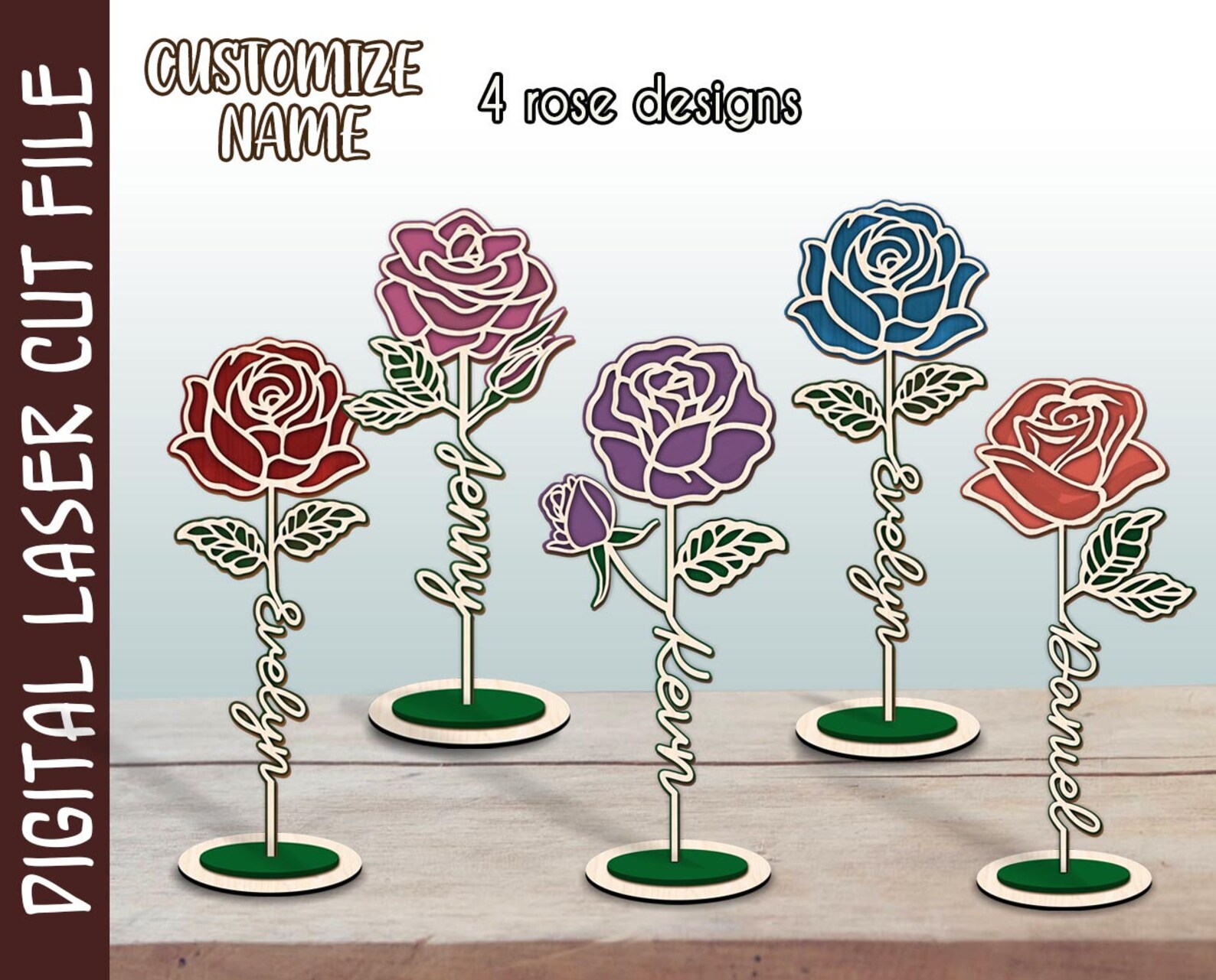 Personalized Mom Rose Laser Cut File SVG, Custom Rose Bundle Svg ...