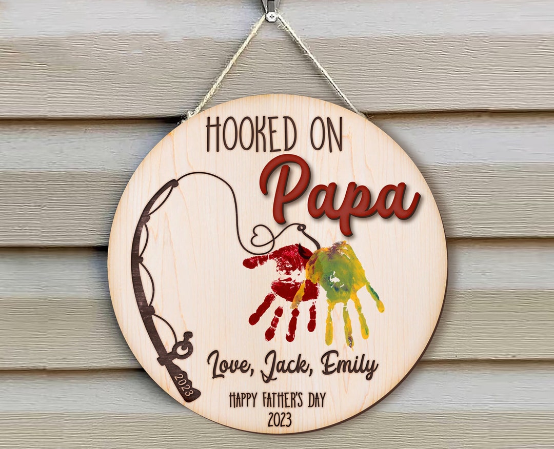 Personalized Hooked on Papa Handprint Sign SVG, Fishing Dad Handprint ...