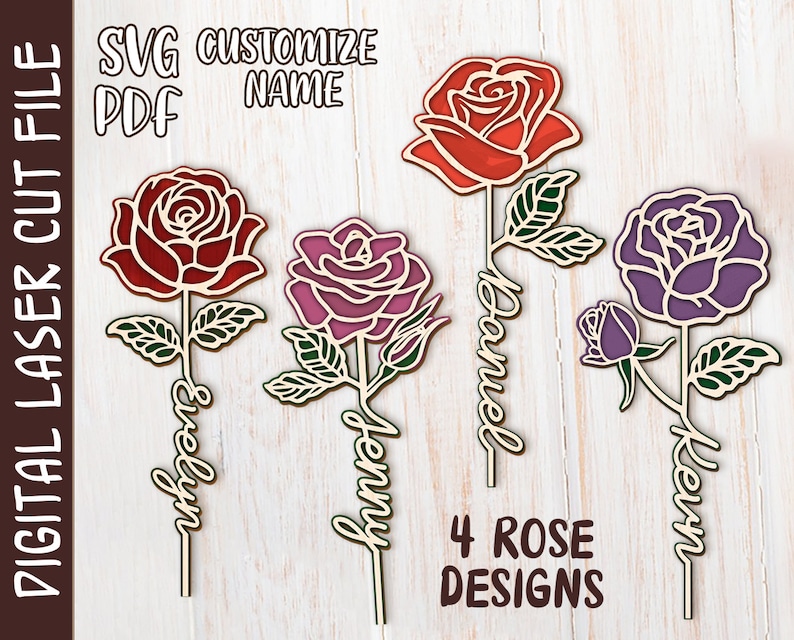 Personalized Mom Rose Laser Cut File SVG Custom Rose Bundle - Etsy