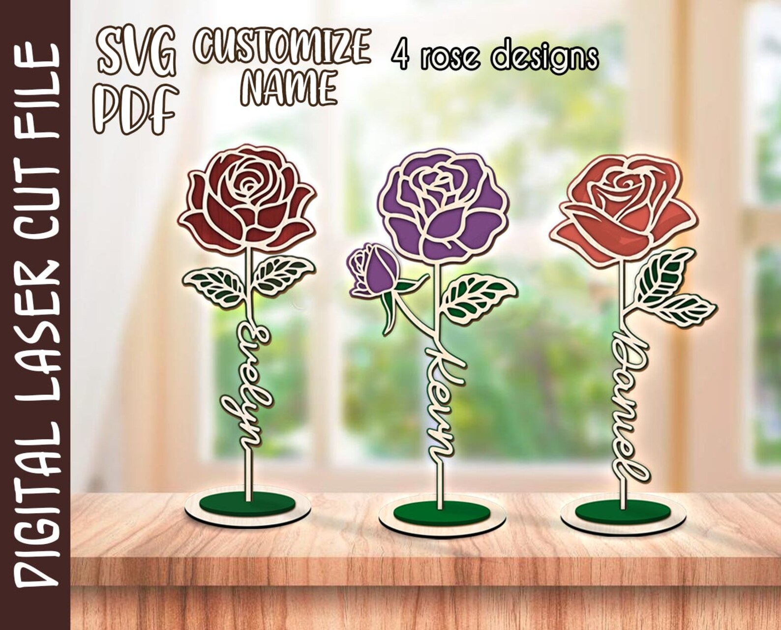 Personalized Mom Rose Laser Cut File SVG, Custom Rose Bundle Svg ...